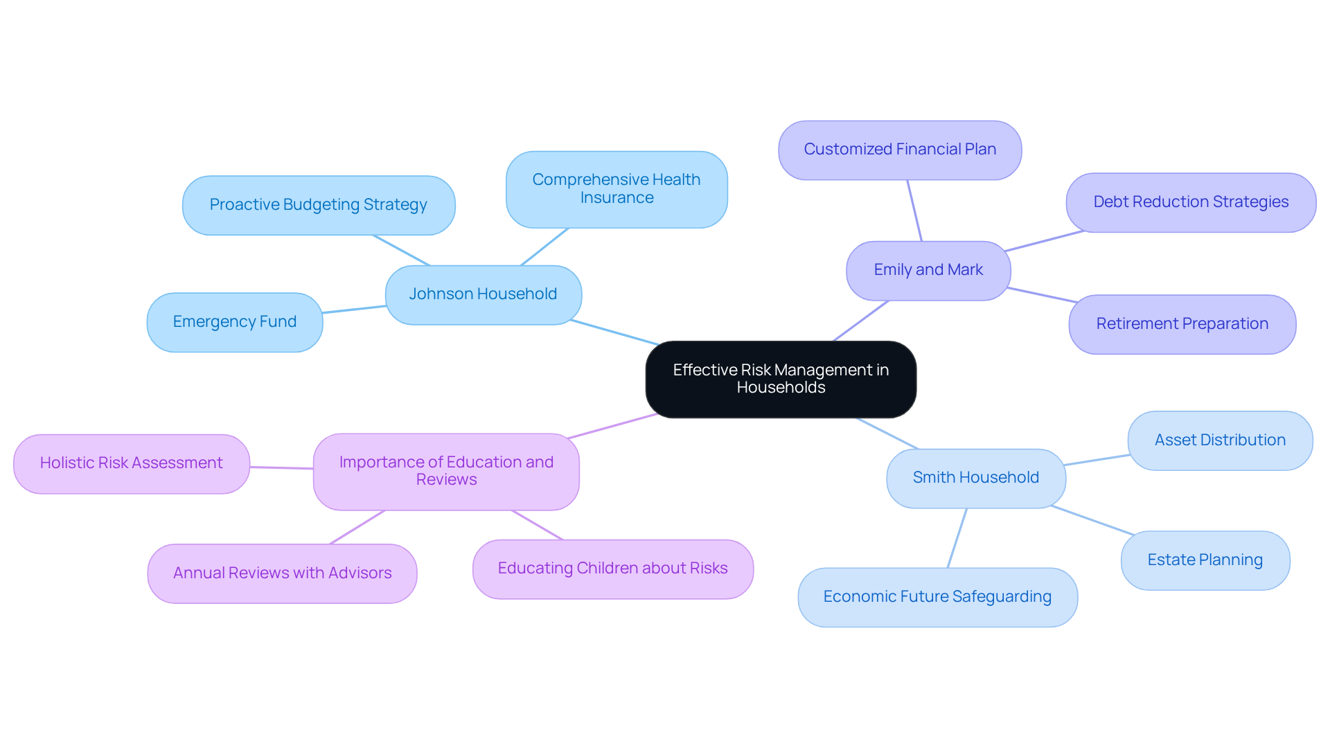 The central node represents the main concept of risk management. Each branch showcases a household's specific strategies, illustrating how proactive planning can lead to effective financial oversight and security. The central node represents the main concept of risk management. Each branch showcases a household's specific strategies, illustrating how proactive planning can lead to effective financial oversight and security.