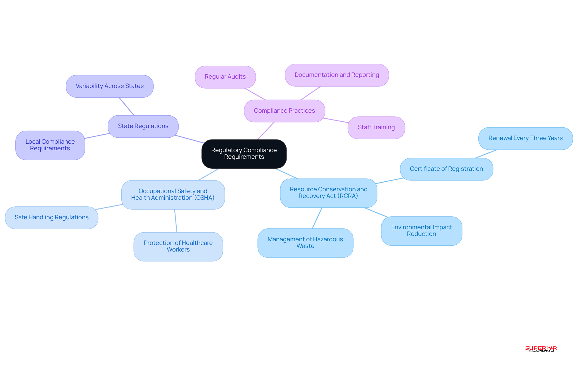 The central node represents the overall theme of compliance, while the branches show specific regulations and practices. Each color-coded branch helps differentiate between federal and state requirements, making it easier to navigate the complex landscape of healthcare regulations.