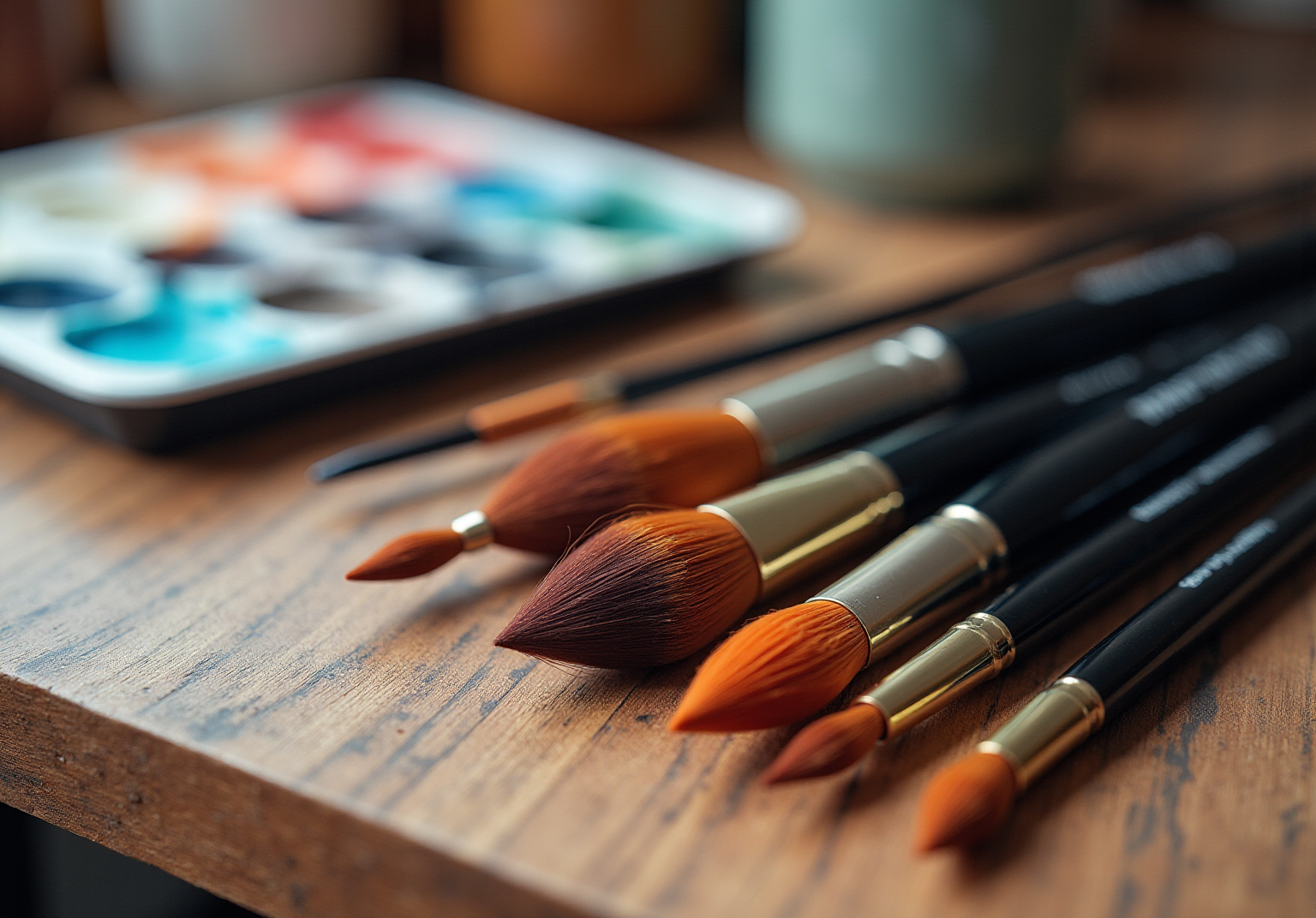 Artistic Workspace with Silver Brush Watercolor Brushes Artistic Workspace with Silver Brush Watercolor Brushes
