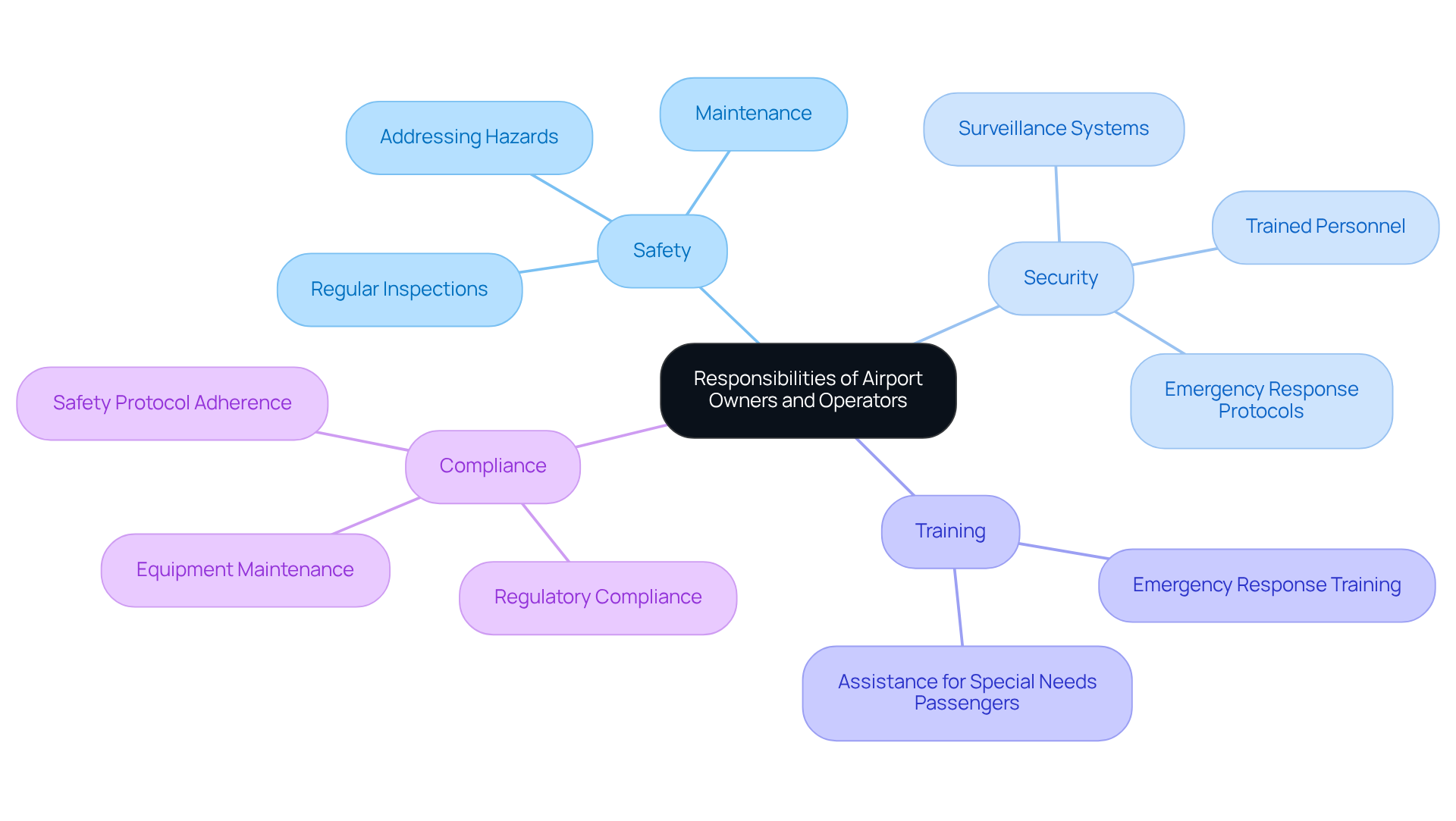 This mindmap illustrates the key responsibilities of airport owners and operators. Start at the center with the main theme, then follow the branches to explore each area of responsibility and the specific actions that support passenger safety and security.