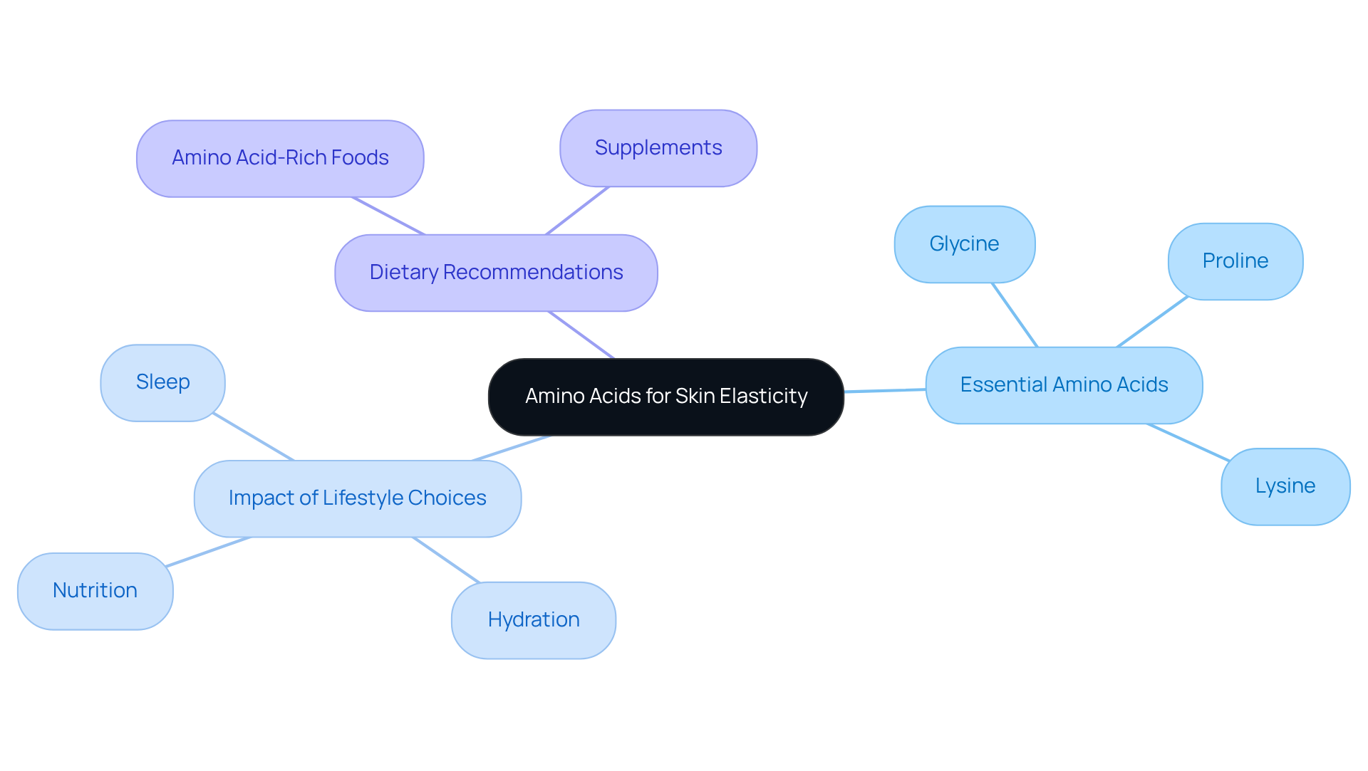 The central node represents the main topic, while branches show related areas of importance. Each color-coded branch helps you easily identify different aspects of how amino acids contribute to skin health.