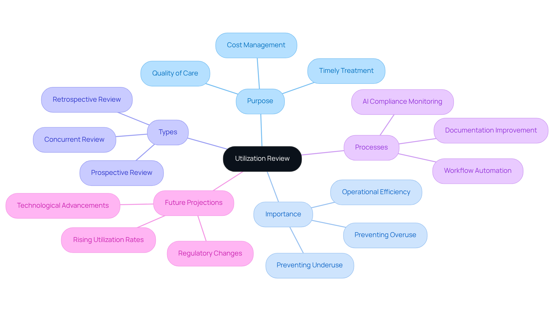 Start at the center with 'Utilization Review', then explore its purpose, importance, types, processes, and future implications through the branches. Each branch represents a key aspect of UR, helping you see how they connect and contribute to the overall concept.