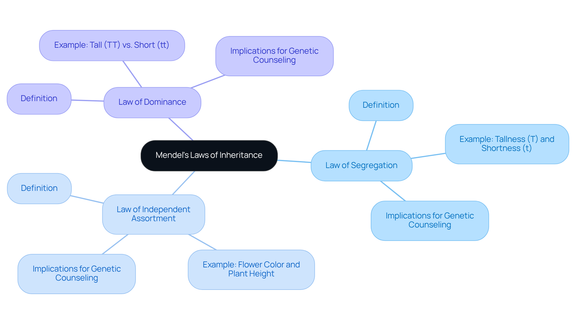 This mindmap starts with Mendel's foundational laws at the center. Each branch represents a different law of inheritance, and the sub-branches provide examples and key points. Follow the branches to understand how each law contributes to our knowledge of genetics. This mindmap starts with Mendel's foundational laws at the center. Each branch represents a different law of inheritance, and the sub-branches provide examples and key points. Follow the branches to understand how each law contributes to our knowledge of genetics.