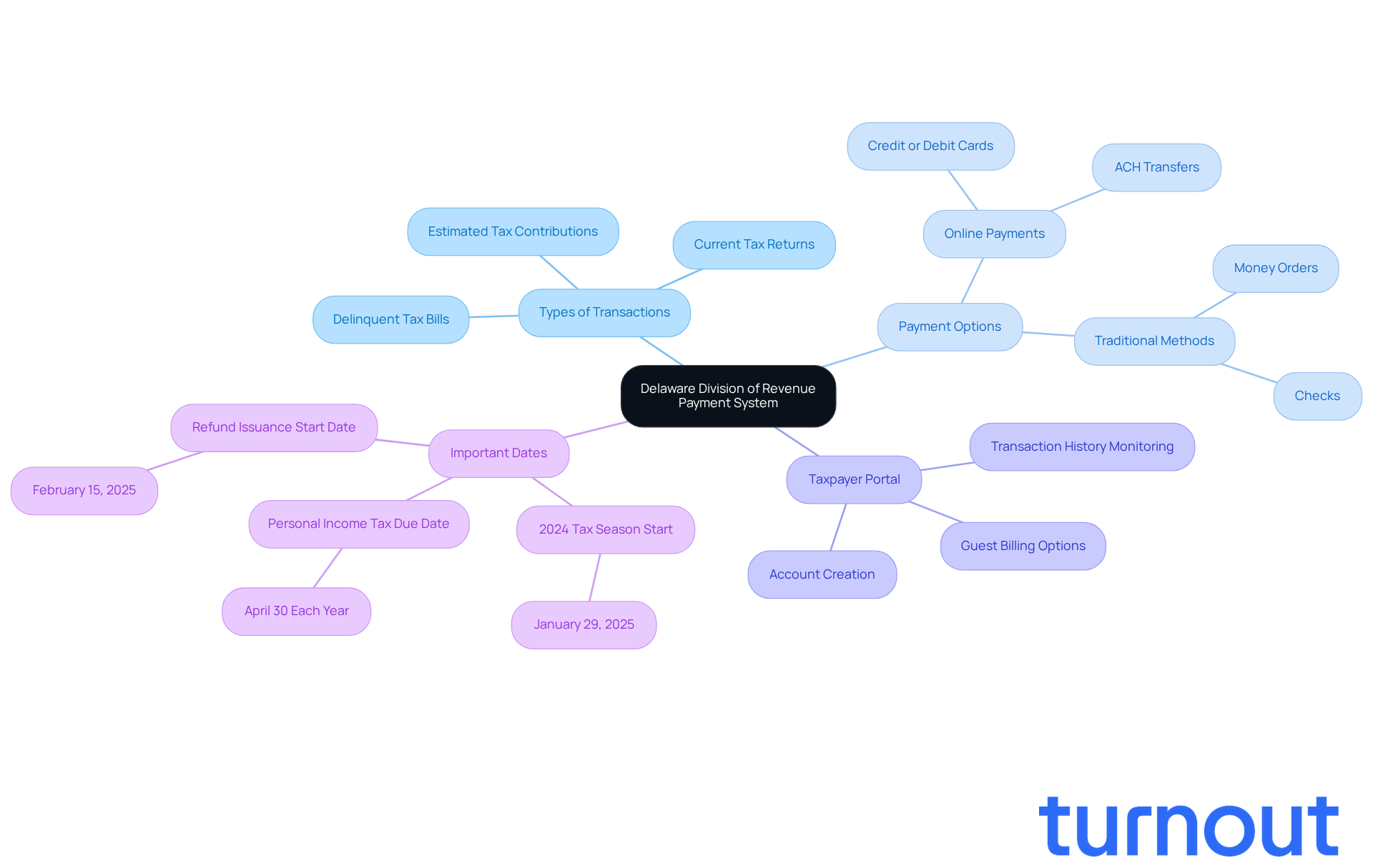 The central node represents the payment system, while the branches show key components. Each sub-branch provides specific details, helping you understand how to navigate the system effectively.