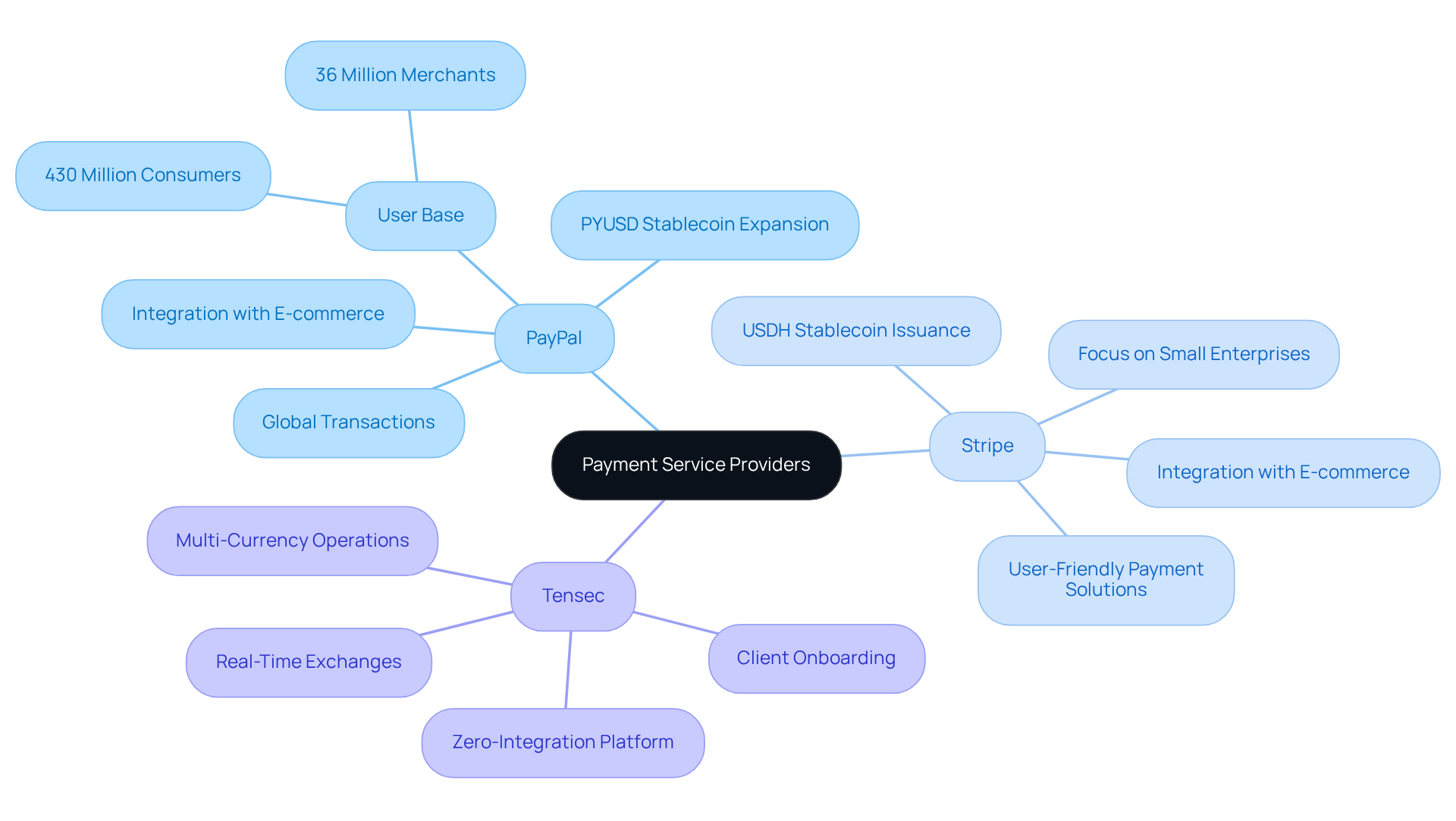 The central node represents the main topic of payment service providers. Each branch shows a different provider, and the sub-branches highlight their unique features and contributions to the payment processing landscape.