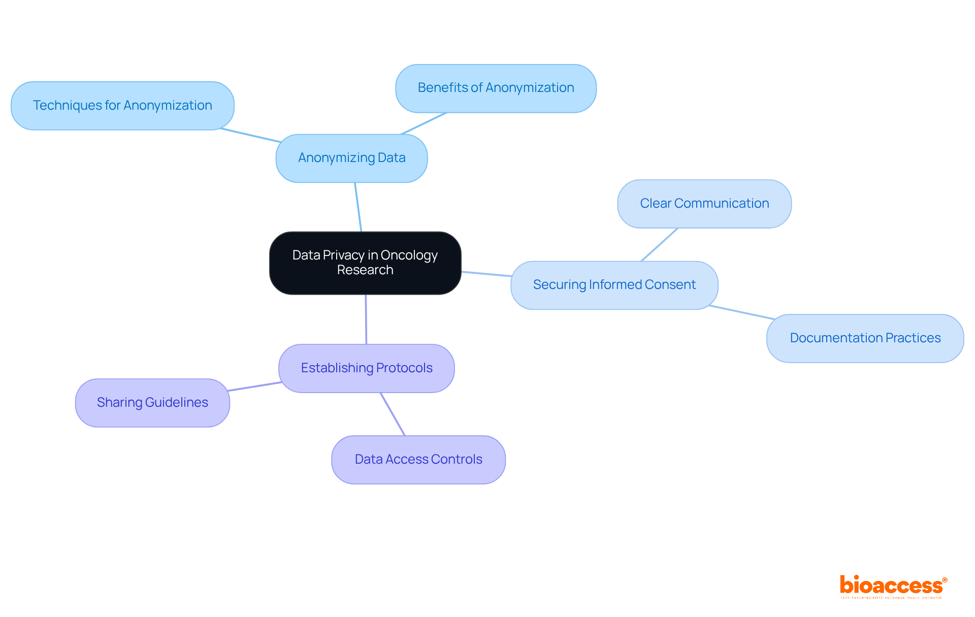 The central node represents the main topic of data privacy, while the branches show key strategies for protecting patient information. Each strategy is a vital part of ensuring trust and compliance in cancer research. The central node represents the main topic of data privacy, while the branches show key strategies for protecting patient information. Each strategy is a vital part of ensuring trust and compliance in cancer research.