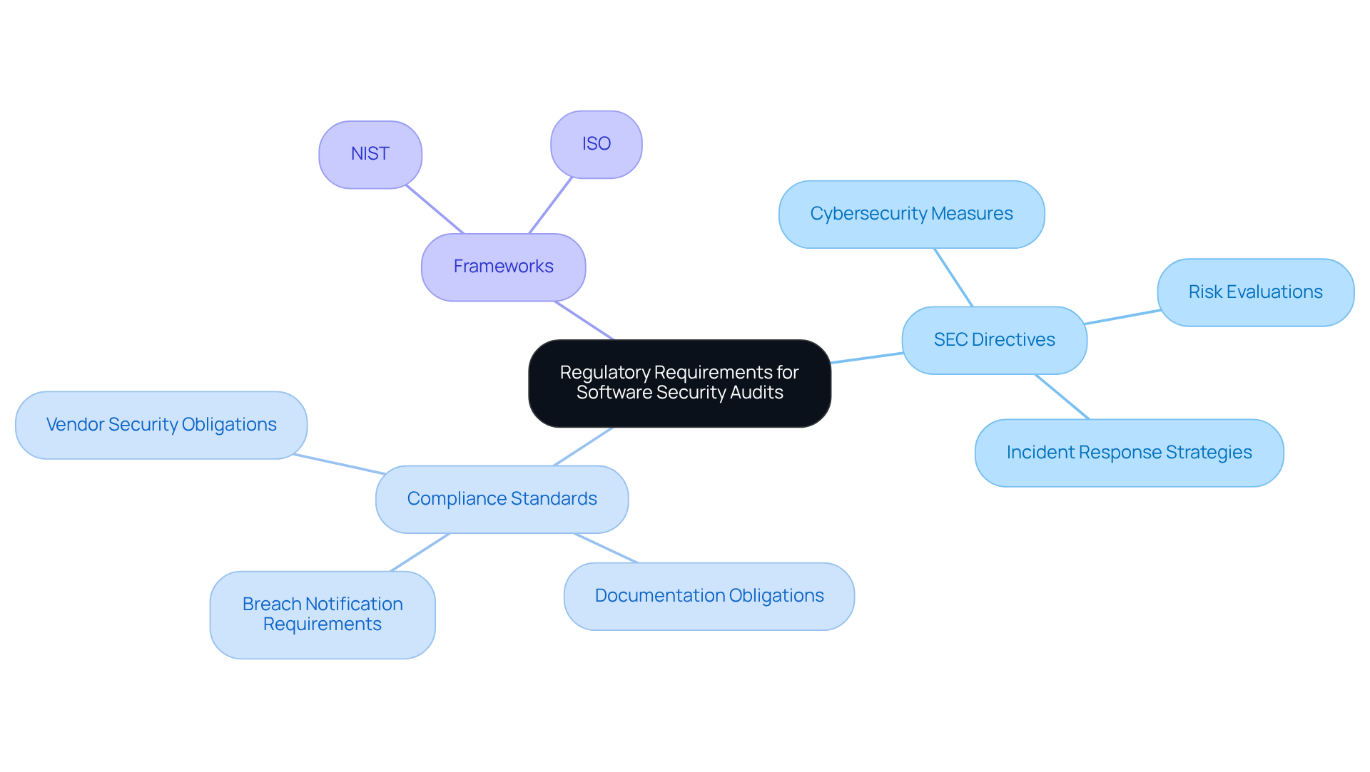 Start at the center with the main topic, then explore each branch to see the key regulations and frameworks that guide software security audits.