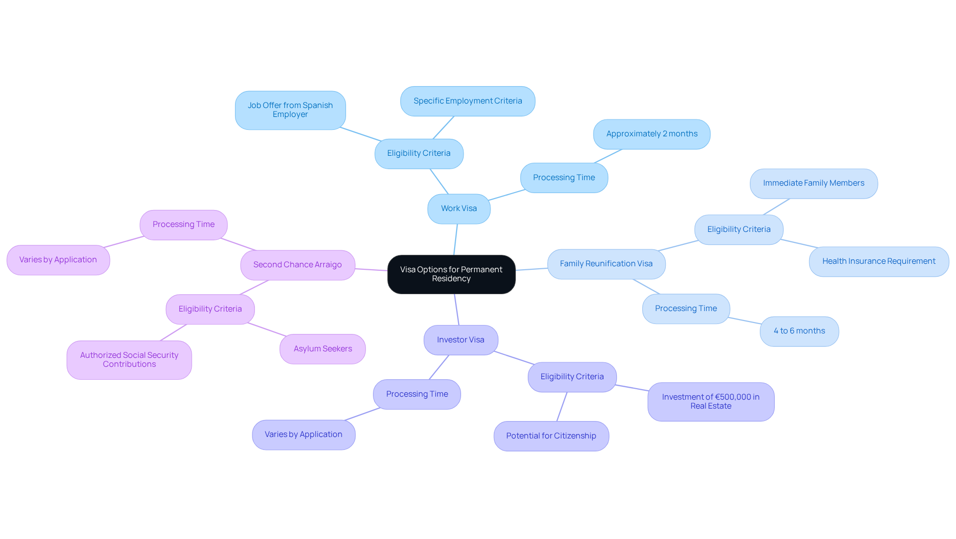At the center is the main topic of visa options. Each branch represents a type of visa, and the sub-branches provide important details about each option. This helps you see at a glance what each visa requires and how they differ.