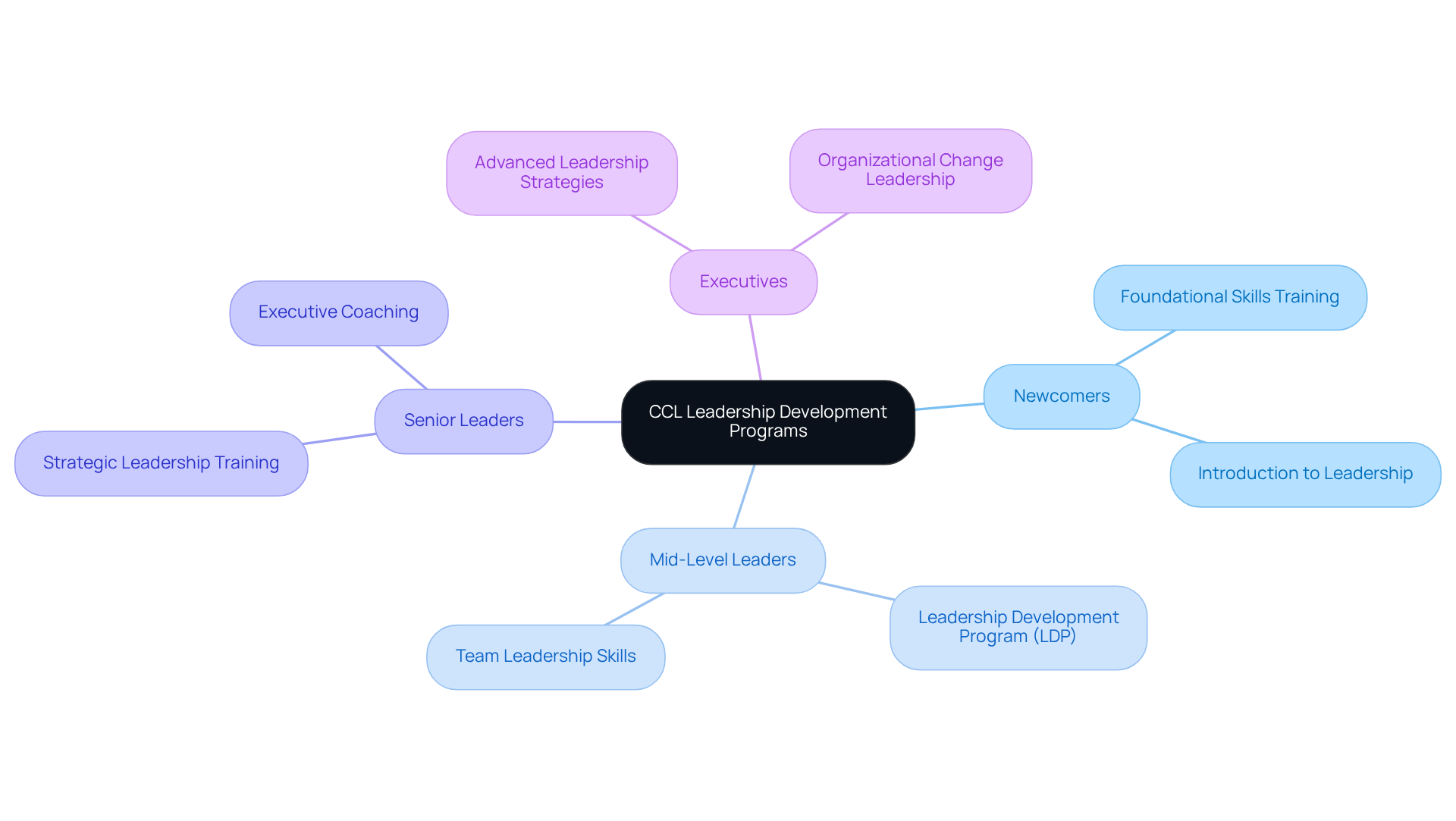 This mindmap shows the various levels of leaders and the tailored programs CCL offers for each. Follow the branches to understand which programs are designed for which leadership level. This mindmap shows the various levels of leaders and the tailored programs CCL offers for each. Follow the branches to understand which programs are designed for which leadership level.