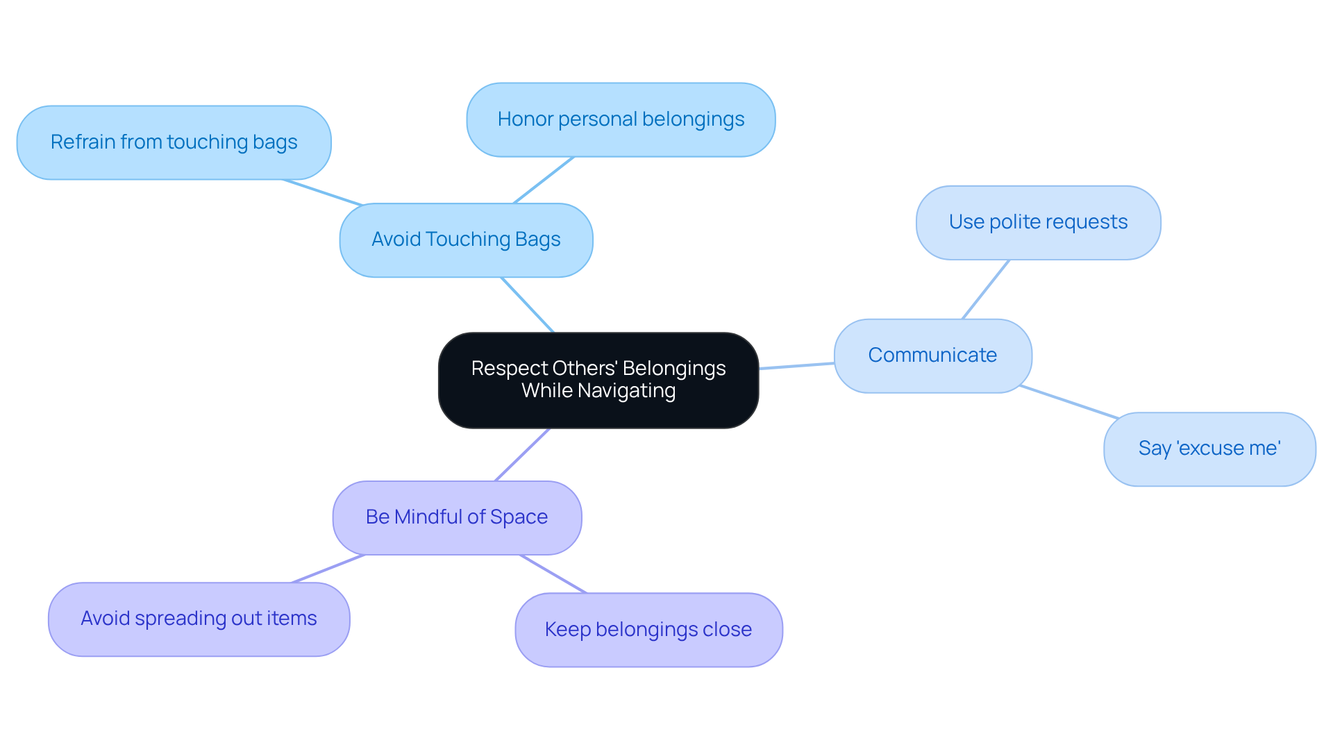 The central idea is about respecting others while navigating. Each branch represents a key principle, and the sub-branches provide specific actions to take. This helps everyone understand how to contribute to a more pleasant flying experience.