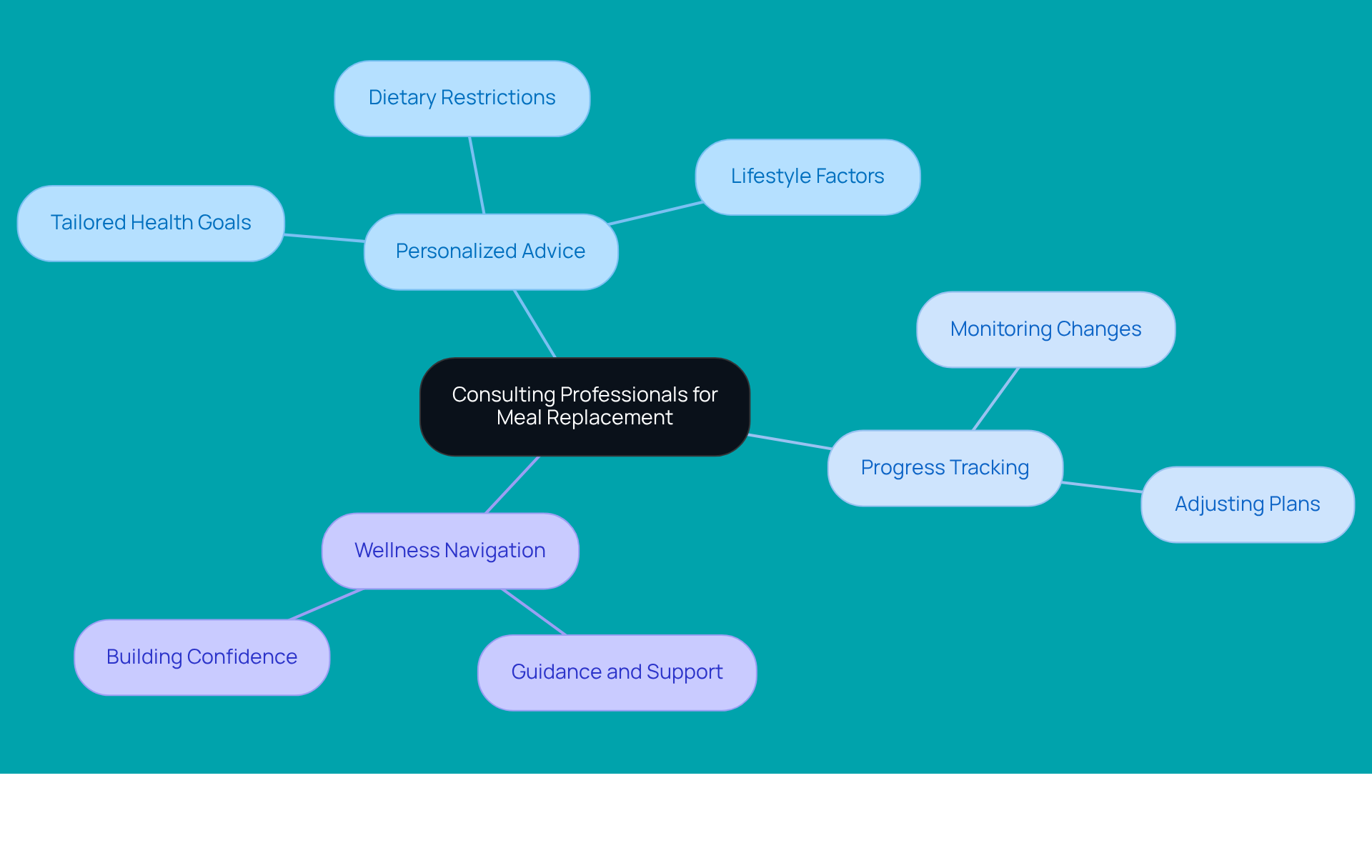 The center shows the main idea of consulting healthcare experts, with branches showing how they help with personalized advice, tracking your progress, and guiding you through your wellness journey.