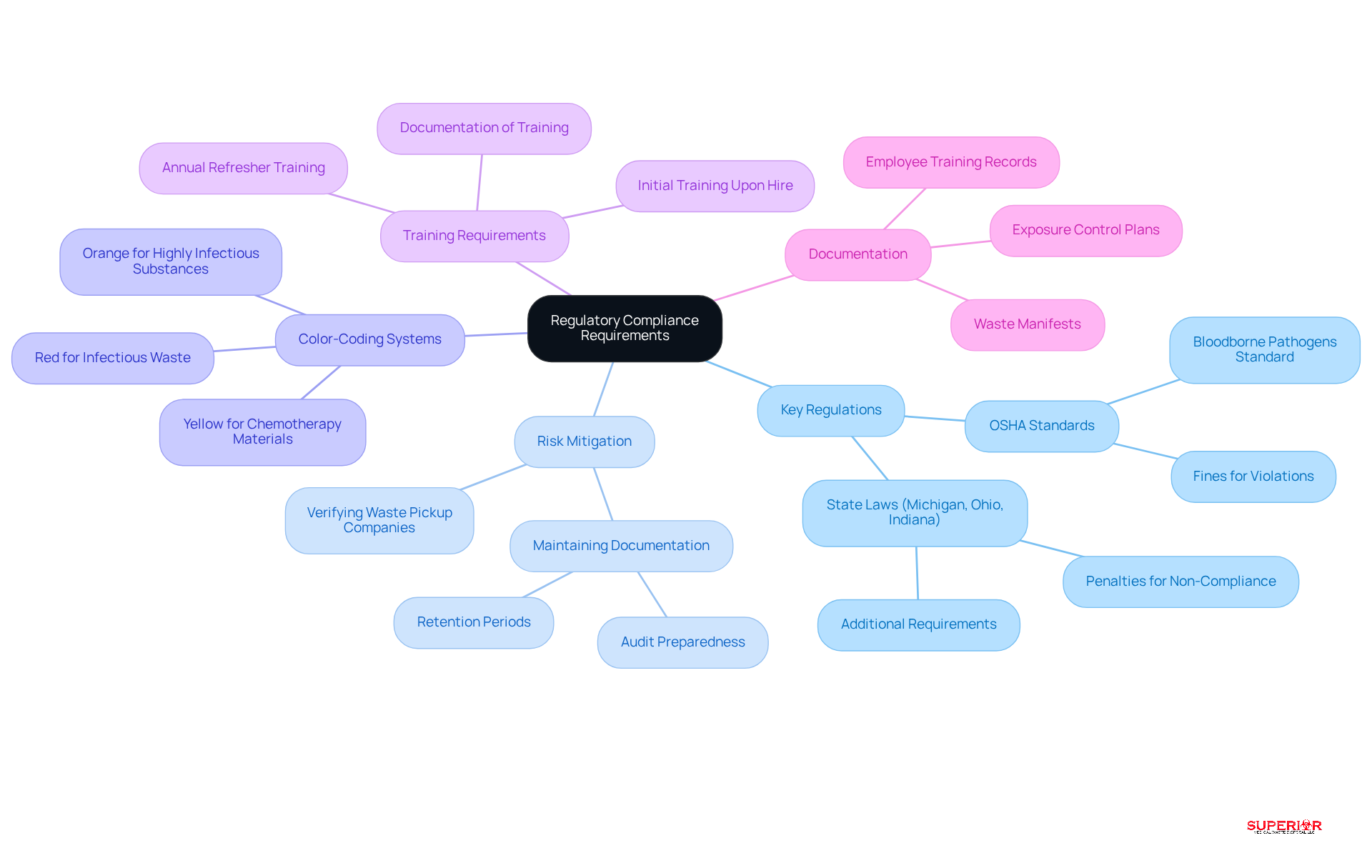 The central node represents the main topic of compliance. Each branch shows a different aspect of the regulations, with sub-branches providing more detail. This layout helps you see how everything connects and what actions are necessary. The central node represents the main topic of compliance. Each branch shows a different aspect of the regulations, with sub-branches providing more detail. This layout helps you see how everything connects and what actions are necessary.