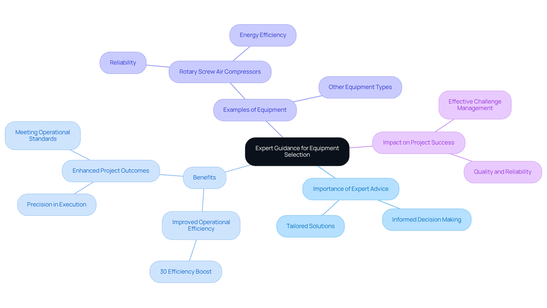 Start at the center with the main idea of expert guidance, then follow the branches to explore its importance, benefits, examples of equipment, and how it impacts project success.