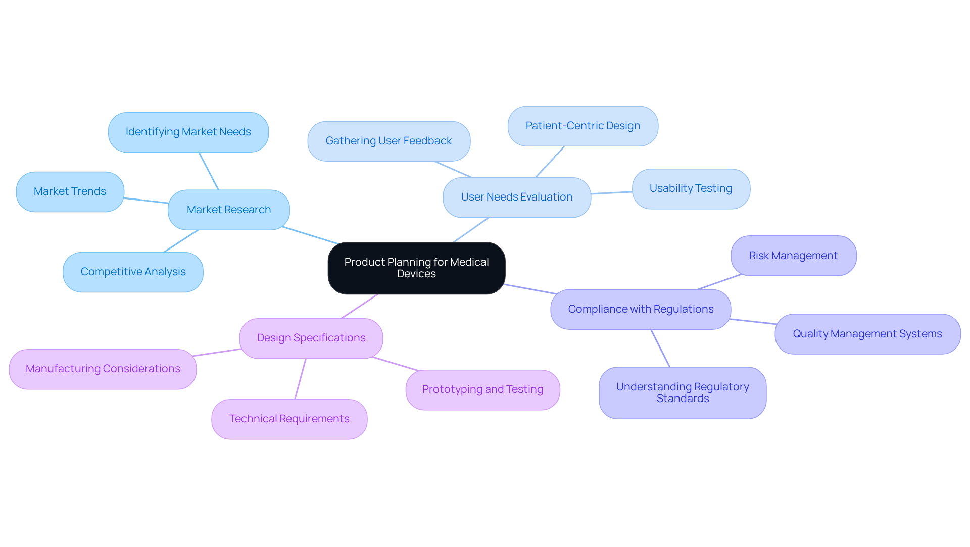 The central node represents the overall concept of product planning, while the branches illustrate the key elements that contribute to successful product development and market entry.