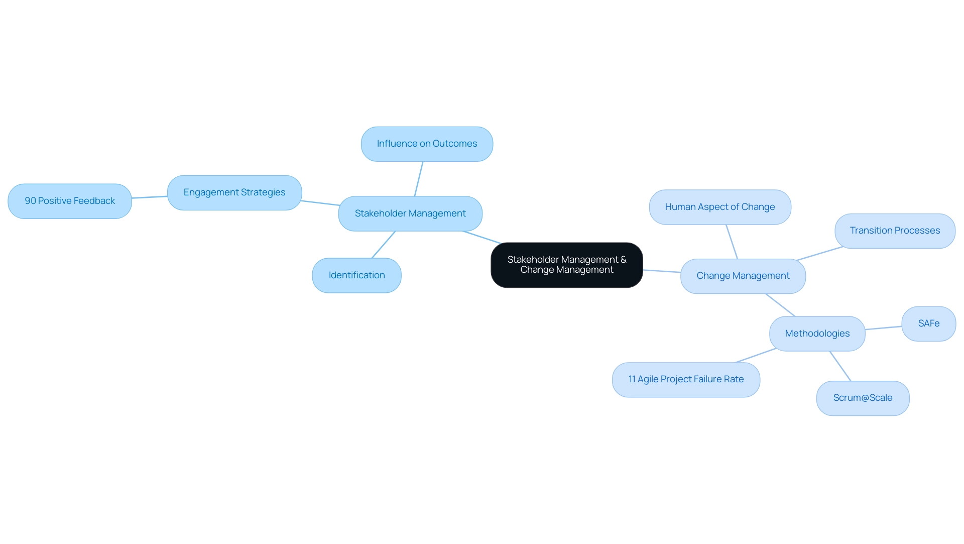 The central node represents the main topics, with branches showing distinct areas of focus and color coding indicating different themes within stakeholder and change management.