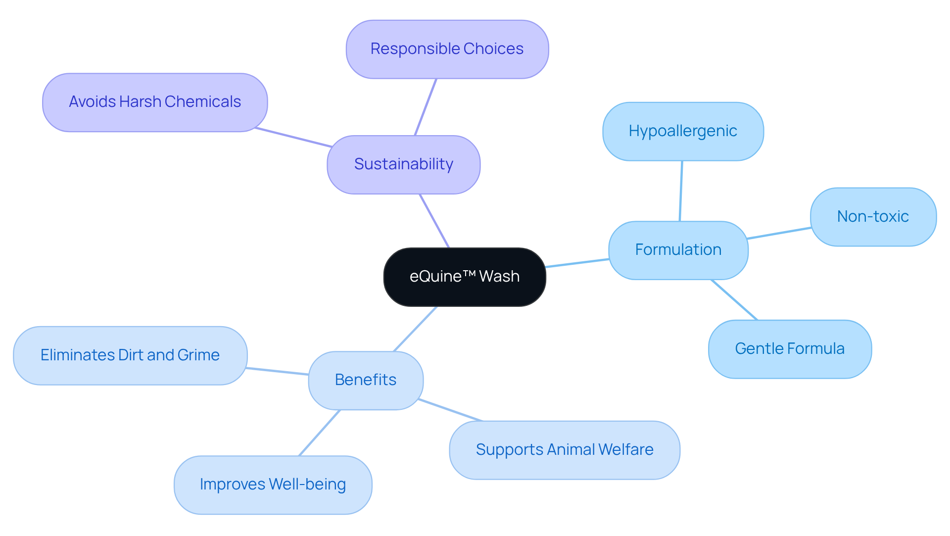 The mindmap starts with eQuine™ Wash at the center, branching out into its key features and positive impacts on animal health and the environment. Follow each branch to explore the product's attributes and advantages.