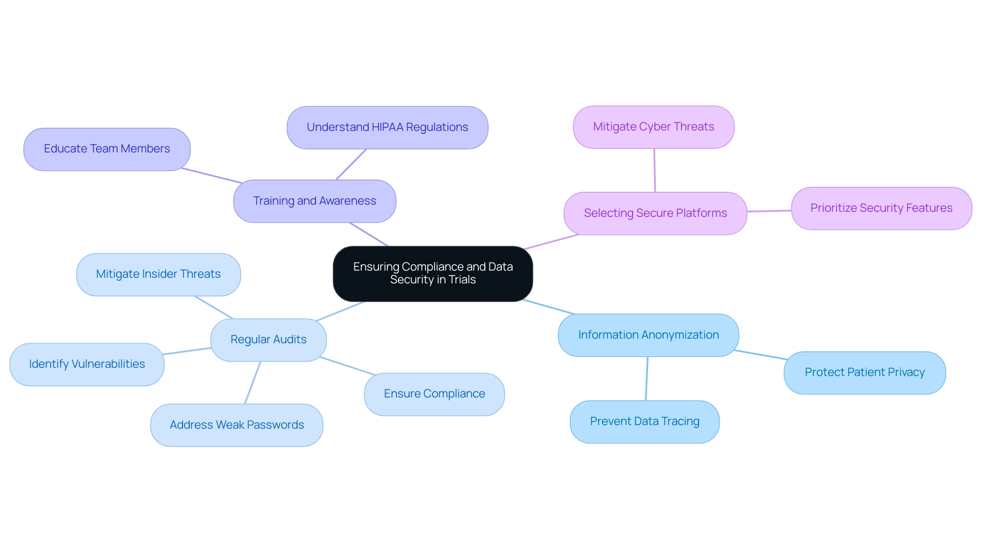 The central node represents the overall theme, with branches illustrating key strategies and their roles in compliance and security.