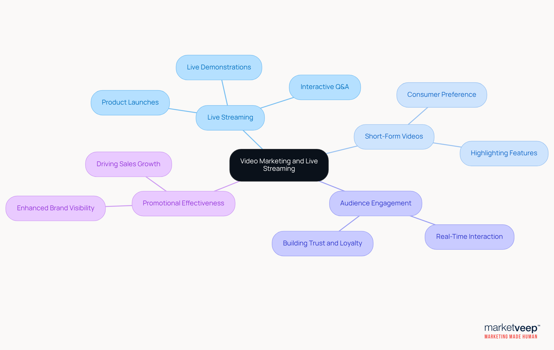 The central node represents the main topic of video marketing. Each branch highlights a strategy or concept, showing how they relate to engaging audiences effectively. Follow the branches to explore different techniques and their benefits.