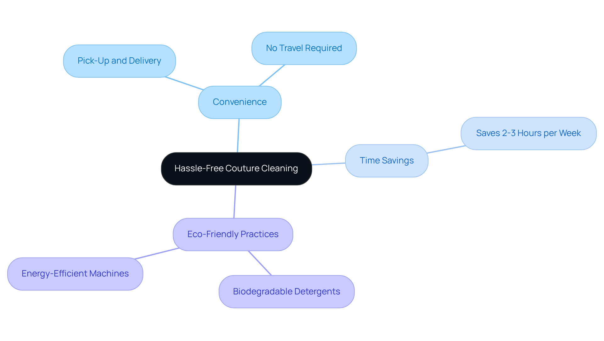 The central idea is hassle-free cleaning, with branches showing the main benefits. Each sub-branch provides more detail on how the service enhances the experience for busy professionals.