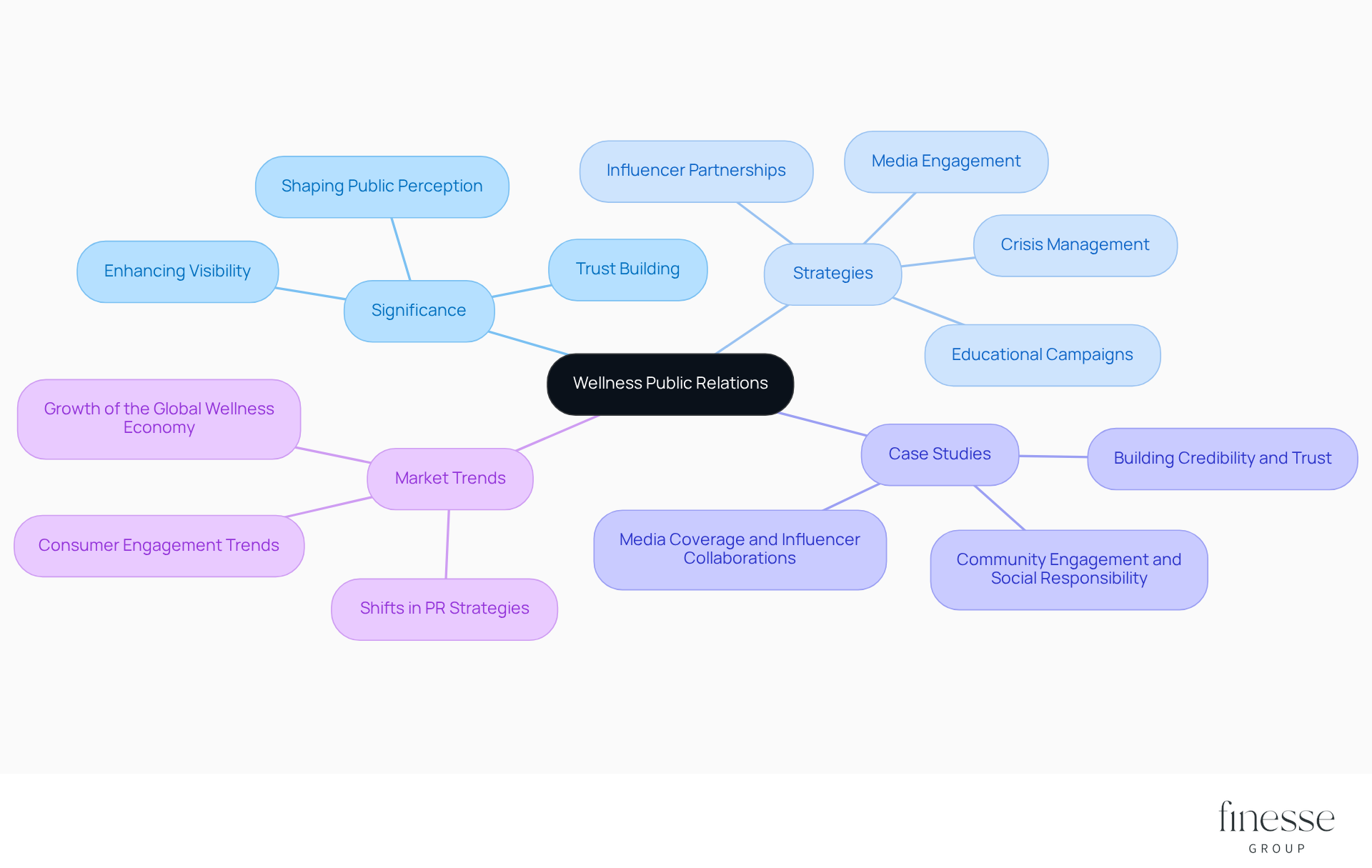 The central node represents the main topic, while the branches illustrate different aspects of wellness PR, showing how each contributes to the overall significance and effectiveness in the health sector.