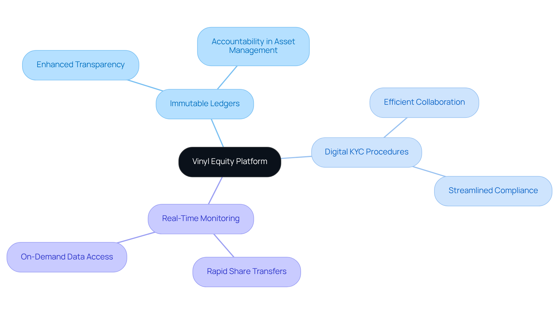 Start at the center with the Vinyl Equity platform, then explore each feature and its benefits. The branches show how each aspect contributes to improving financial workflows for public companies.
