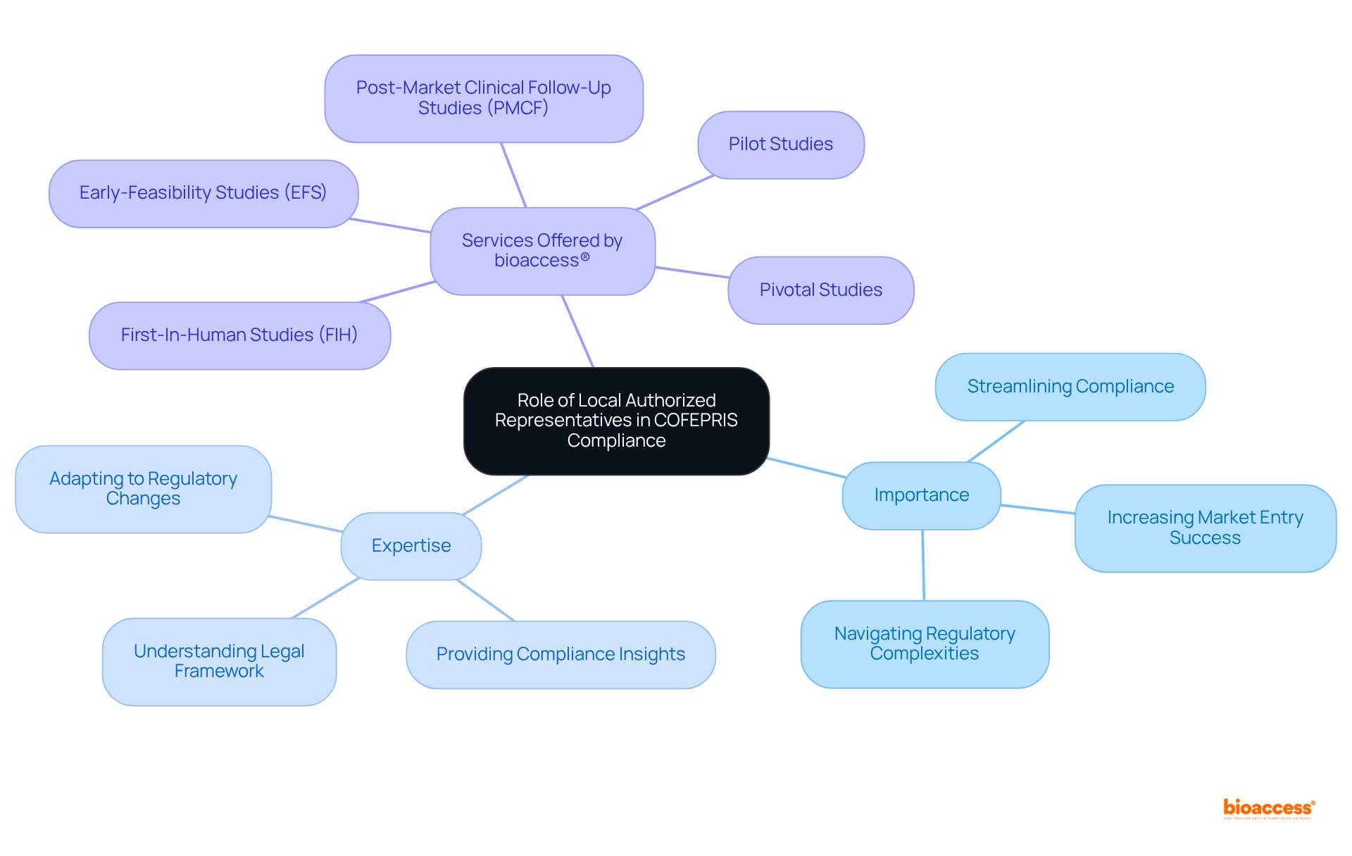The central node represents the main topic, while branches show the importance and expertise of local representatives. Further branches detail bioaccess®'s specific services, helping you understand how they contribute to successful market entry.