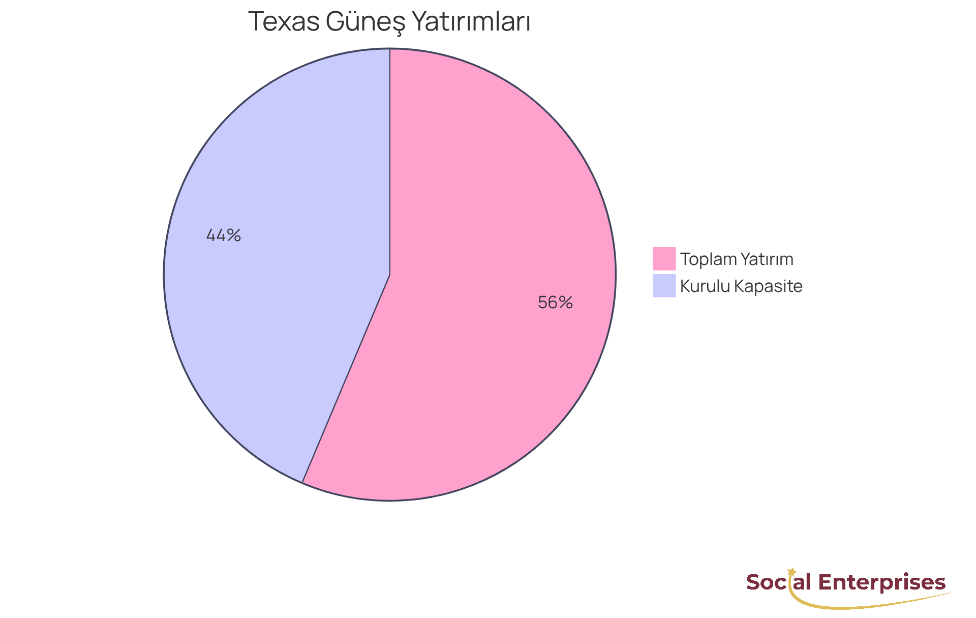 Her bir dilim, Texas'taki güneş enerjisi yatırımlarının ve kapasitesinin toplam içindeki oranını gösteriyor. Daha büyük dilim, daha fazla yatırım veya kapasiteyi temsil ediyor.