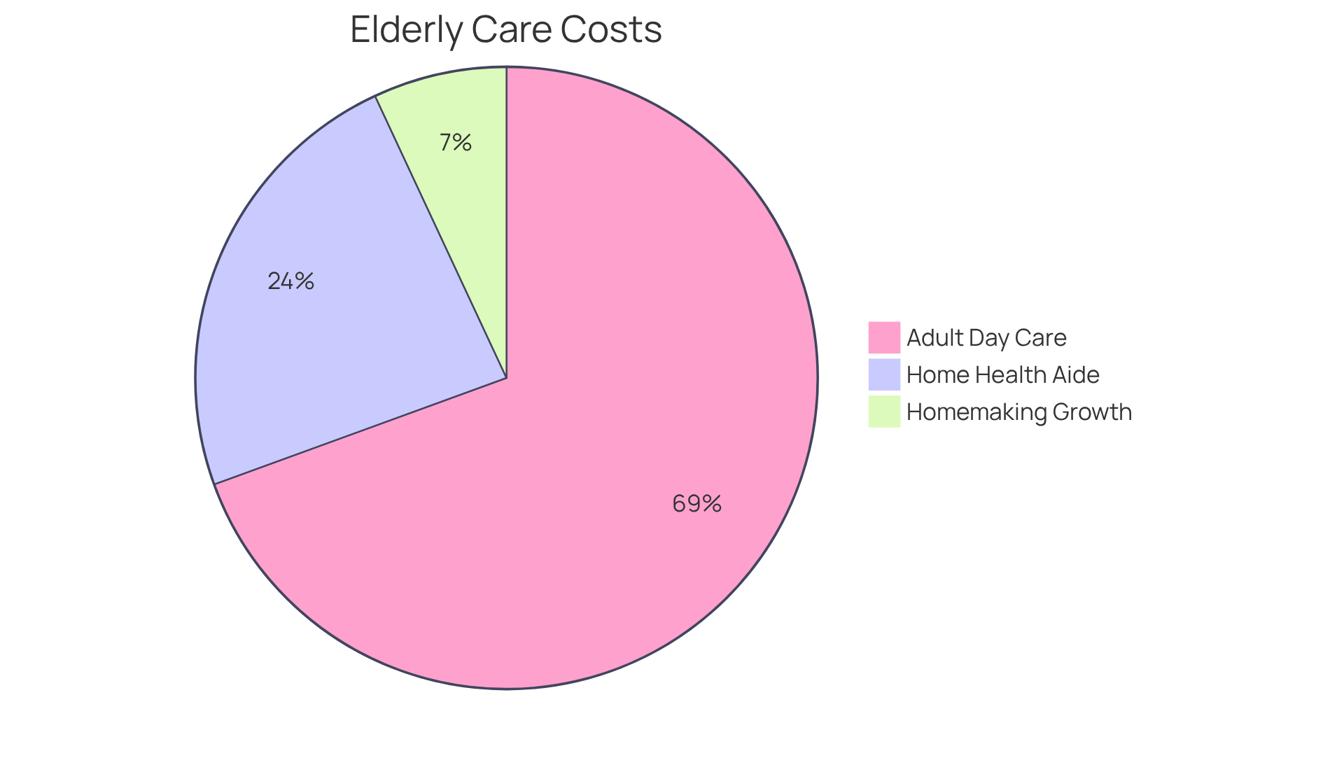 Each segment shows the cost of a service or the growth rate for caregiving assistance. The larger the segment, the more significant a part it plays in the overall financial consideration for families.