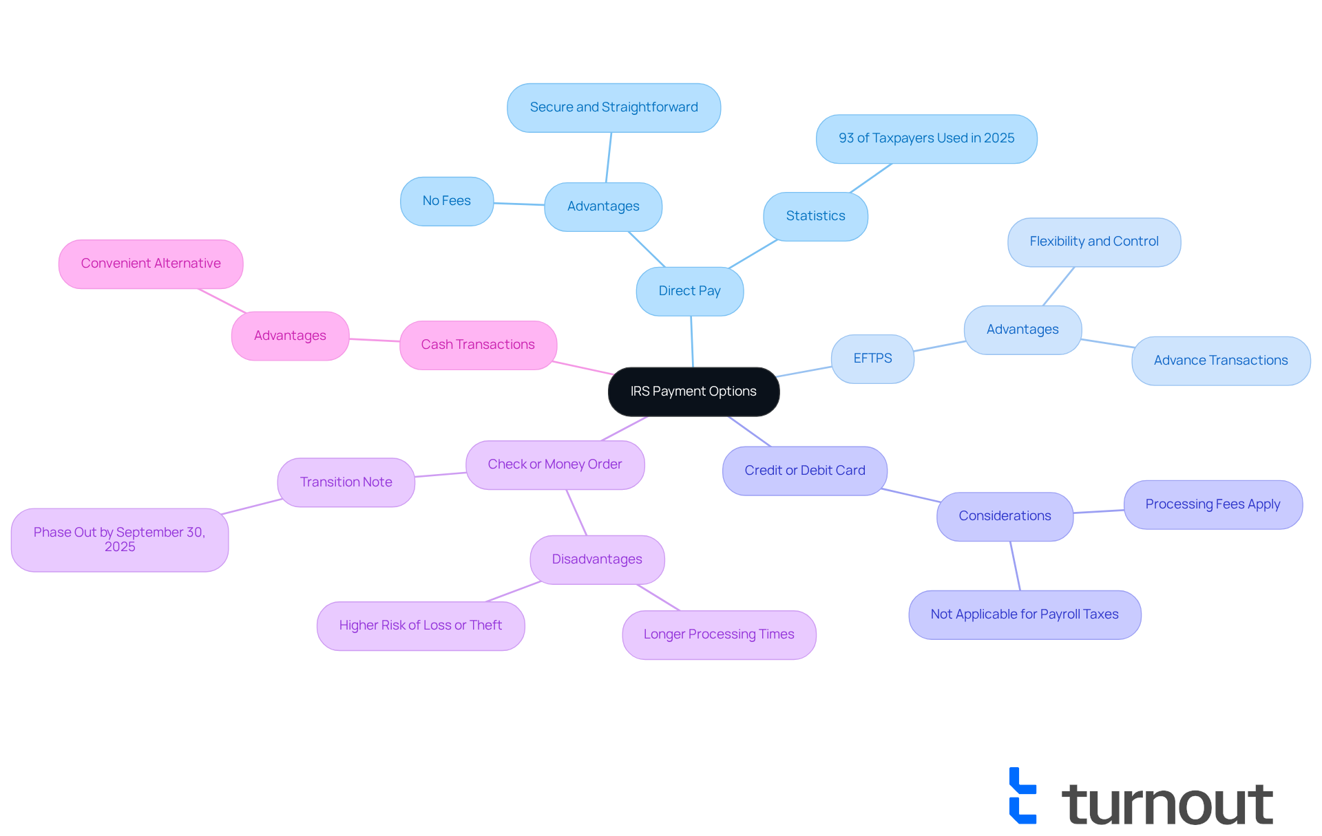 The central node represents all payment options available for IRS payments. Each branch shows a different option, with sub-points detailing key features and considerations for that method. The central node represents all payment options available for IRS payments. Each branch shows a different option, with sub-points detailing key features and considerations for that method.