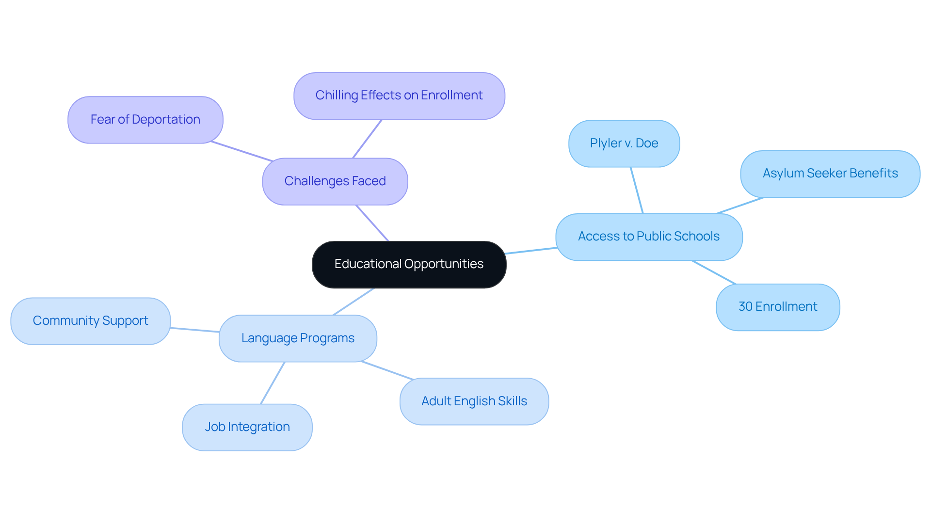 This mindmap illustrates the various educational opportunities available to families, showing how public school access and language programs support integration. Each branch represents a key theme, and the sub-nodes provide more details about specific aspects, helping you understand the broader picture of educational resources.