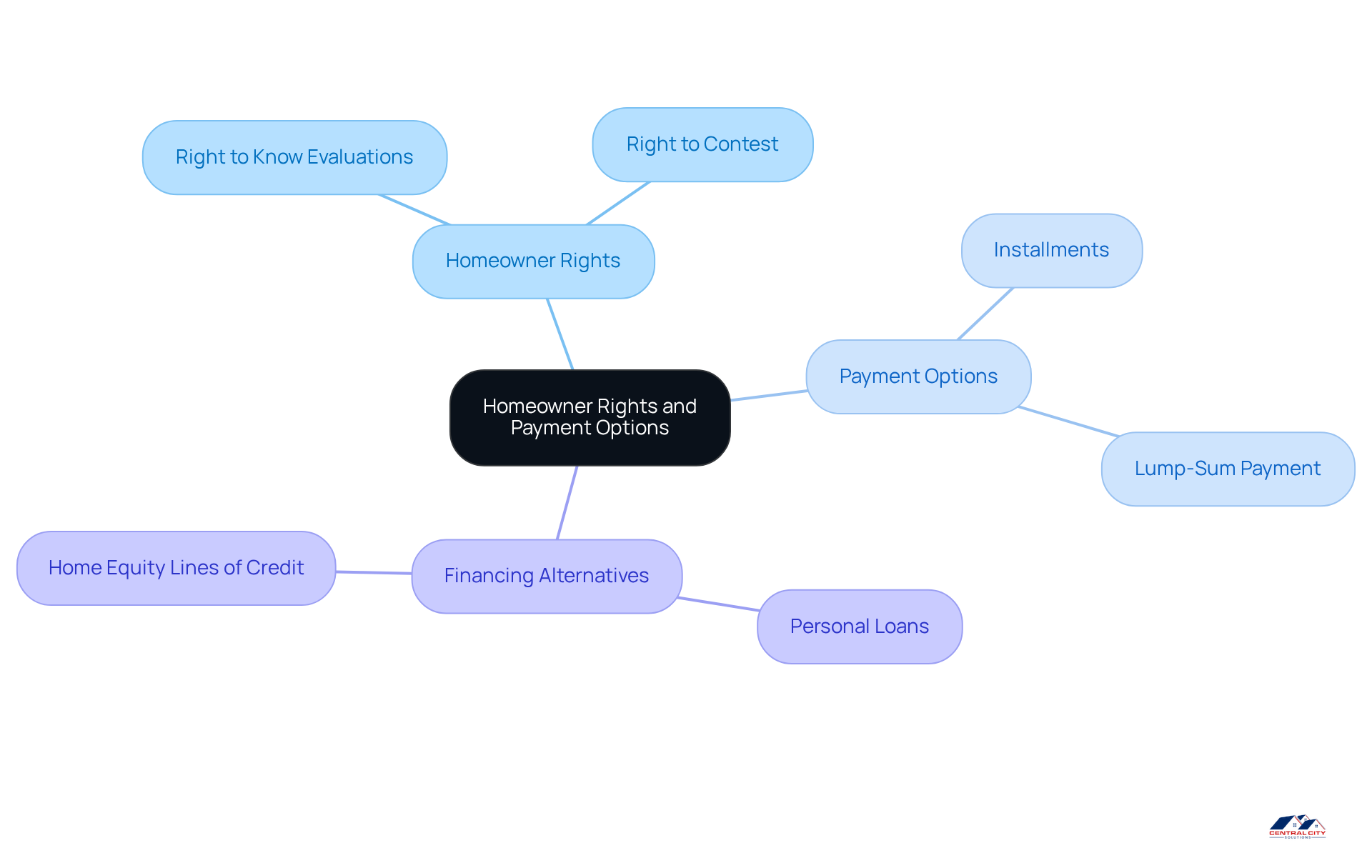The central node represents the overall topic. The branches illustrate homeowner rights, payment options available through HOAs, and different financing alternatives. Each branch connects related ideas, helping you see how they all fit together.