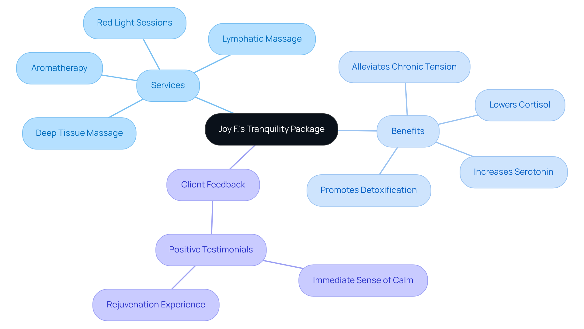 The central node represents the main service package. Each branch shows the various services offered and their benefits, along with feedback from clients, helping you understand how they all contribute to stress relief and rejuvenation.