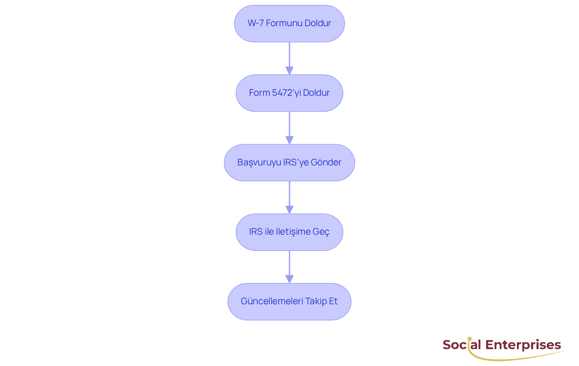 Her kutu, başvuru sürecindeki bir adımı gösterir. Oklar, hangi adımın hangisinden sonra geldiğini belirtir — süreci takip etmek için kutulara bakın ve okları izleyin.