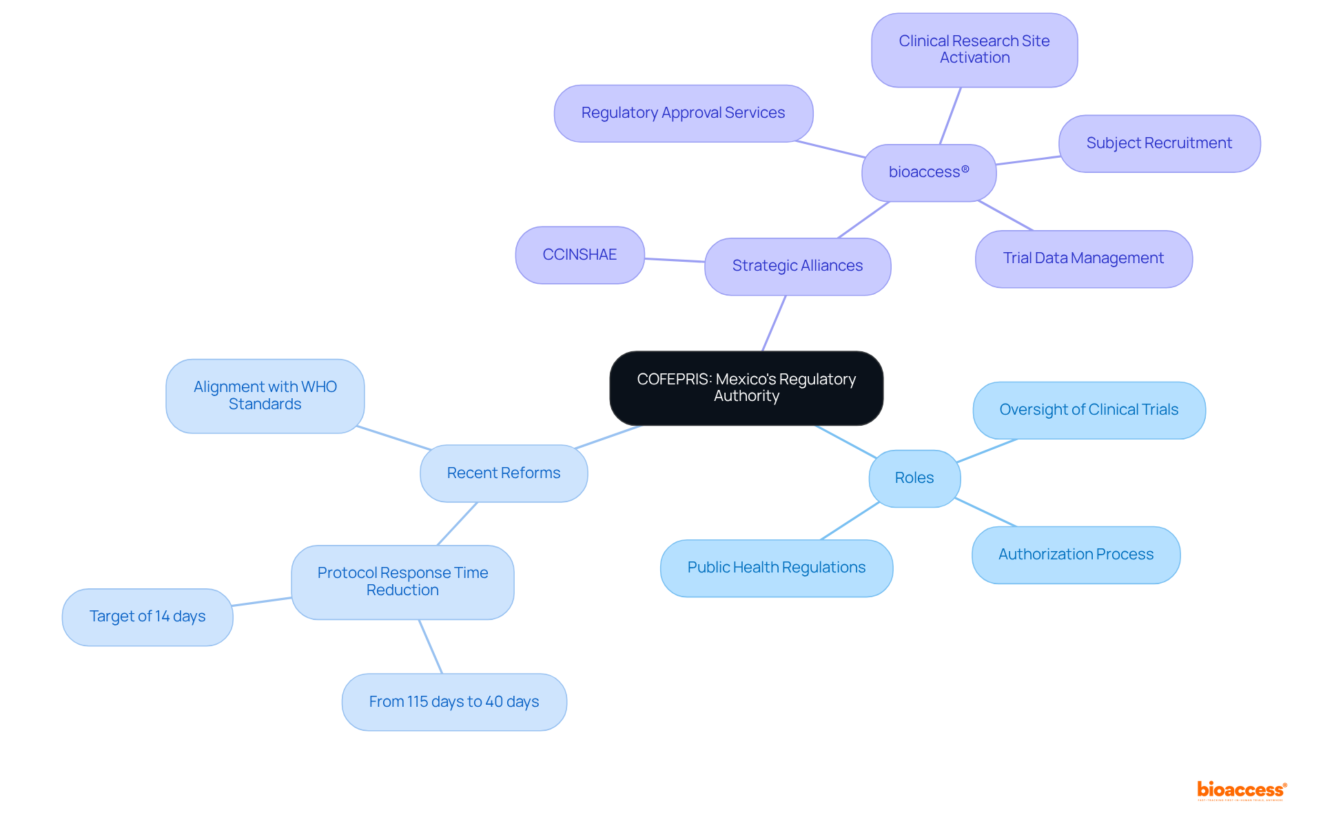 The central node represents COFEPRIS, with branches showing its roles, recent reforms, and partnerships. Each color-coded branch makes it easier to see how different aspects connect to the main authority.