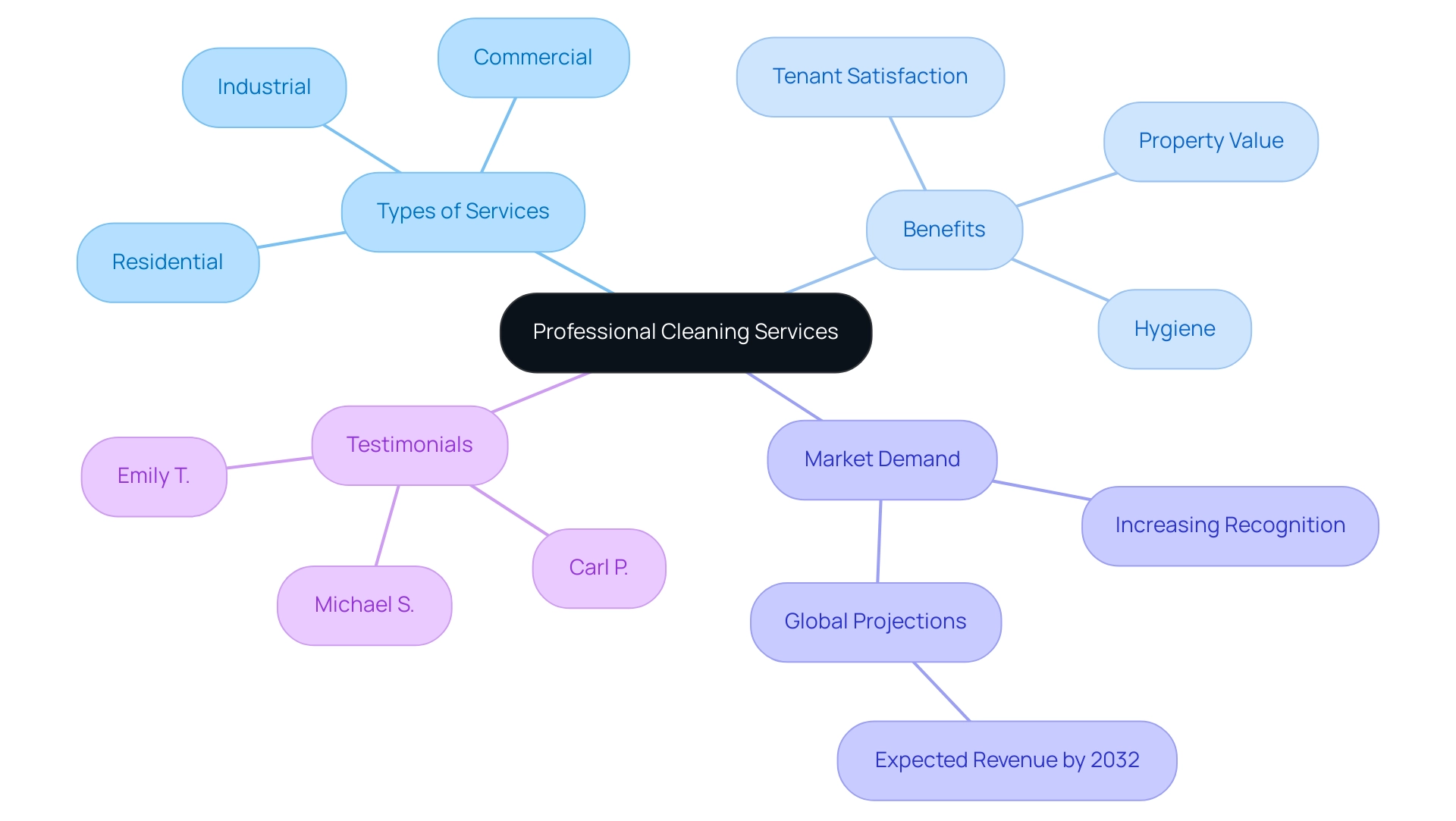 Each branch represents key aspects of professional cleaning services, with colors distinguishing between types of services, benefits, market demand, and testimonials.