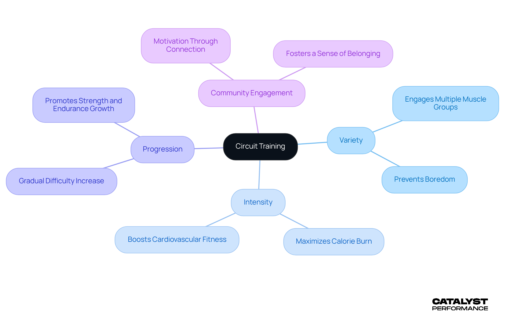 The central node represents circuit training, while the branches show its key principles. Each branch highlights important aspects that contribute to effective workouts, making it easy to understand how they connect and support your fitness journey. The central node represents circuit training, while the branches show its key principles. Each branch highlights important aspects that contribute to effective workouts, making it easy to understand how they connect and support your fitness journey.