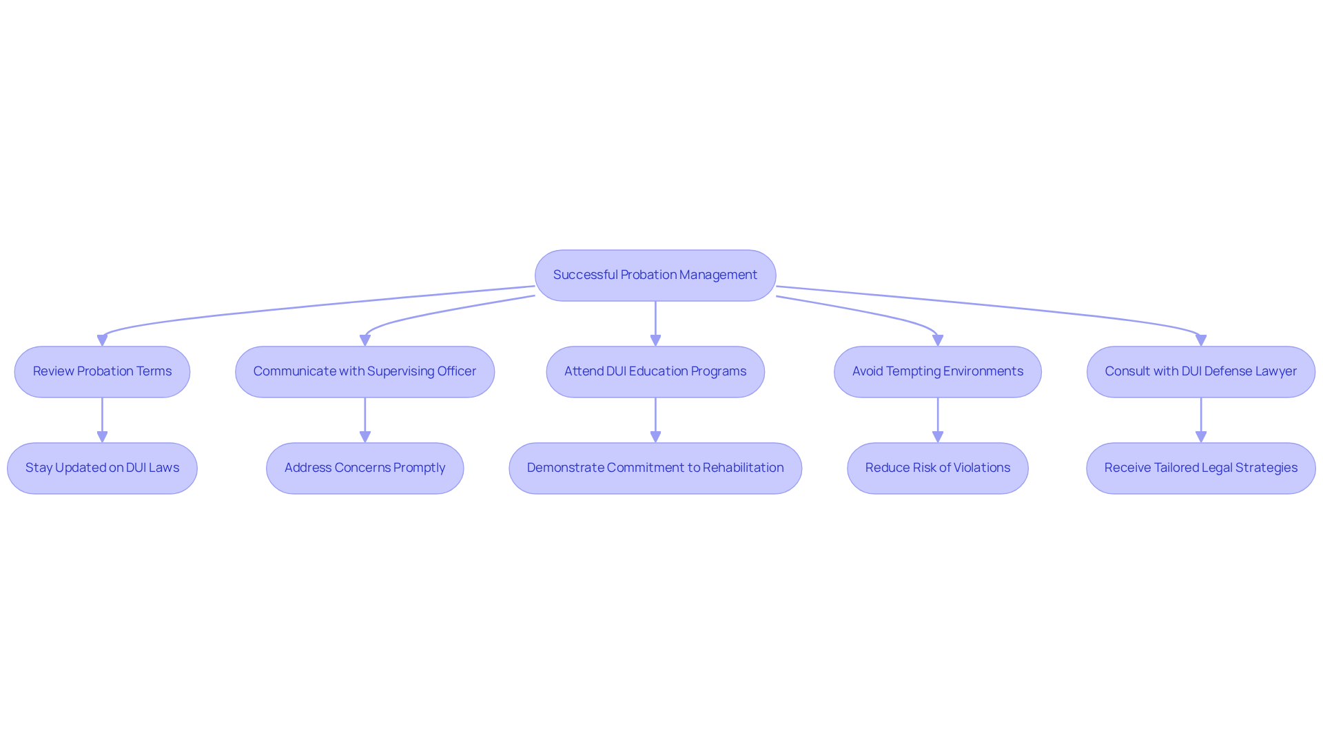 This flowchart outlines the key strategies for managing probation effectively. Each box represents a strategy, and the arrows show how these strategies connect and support one another in achieving successful probation completion.