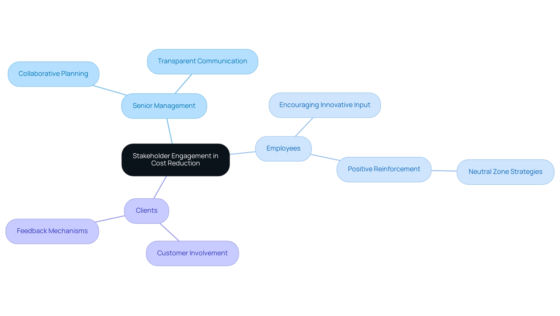 The central node represents the main theme, while branches signify different stakeholder groups and their engagement strategies, with colors differentiating each group.