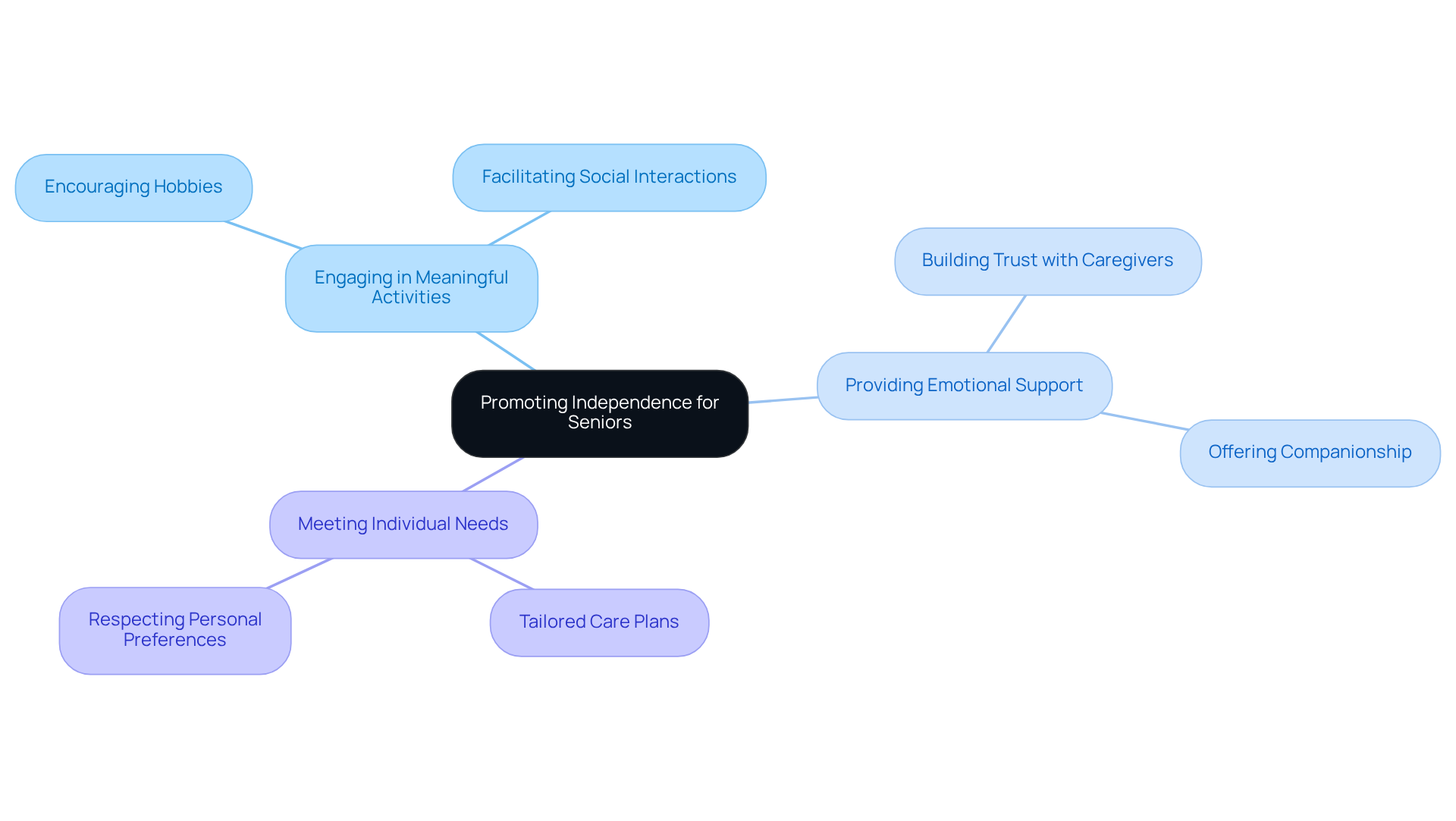 The center represents the main goal of helping seniors live independently, while the branches show the different strategies that support this goal. Each strategy is connected to specific actions that enhance the quality of life for elderly individuals.