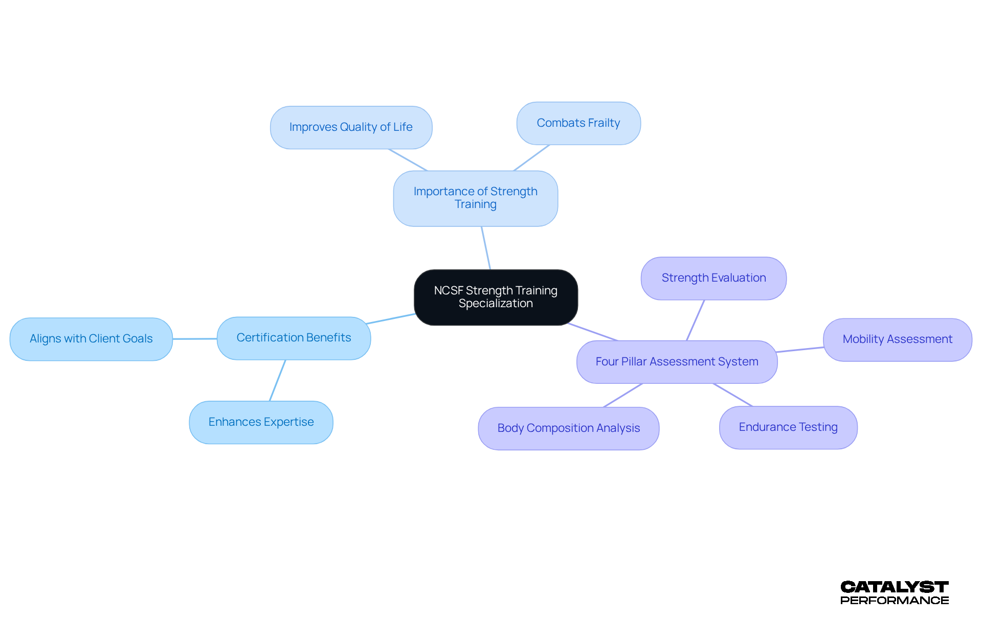The center represents the NCSF certification, with branches showing its benefits, the significance of strength training, and the assessment system. Follow the branches to explore how each part contributes to the overall goal of enhancing strength and performance.