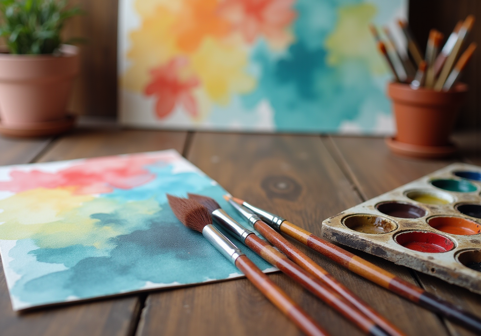 Watercolor Brush Comparison in an Artist's Workspace Watercolor Brush Comparison in an Artist's Workspace