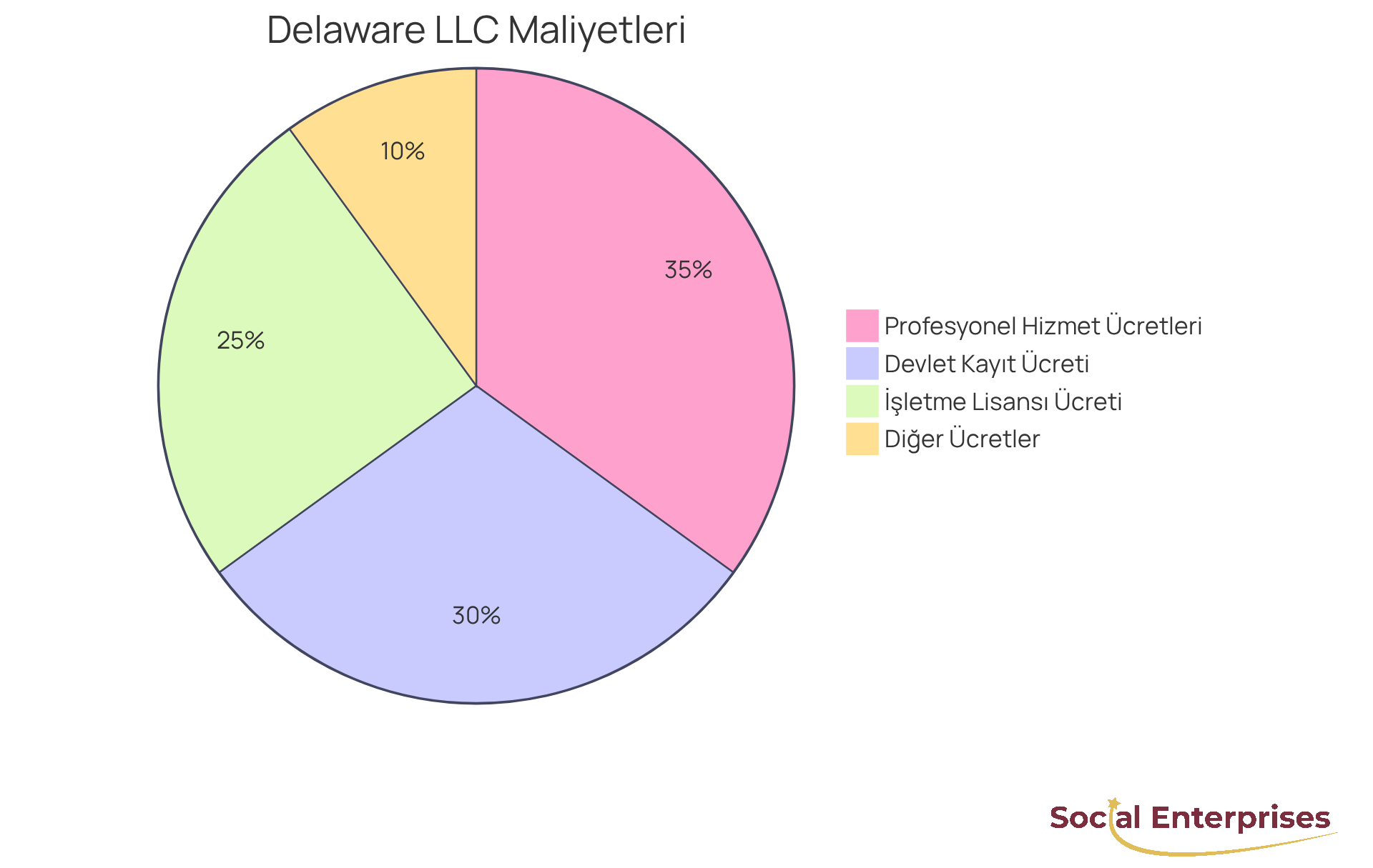 Grafikteki her dilim, LLC kurulumundaki farklı maliyetlerin toplam maliyet içindeki oranını gösteriyor — dilim ne kadar büyükse, o maliyet o kadar fazla.