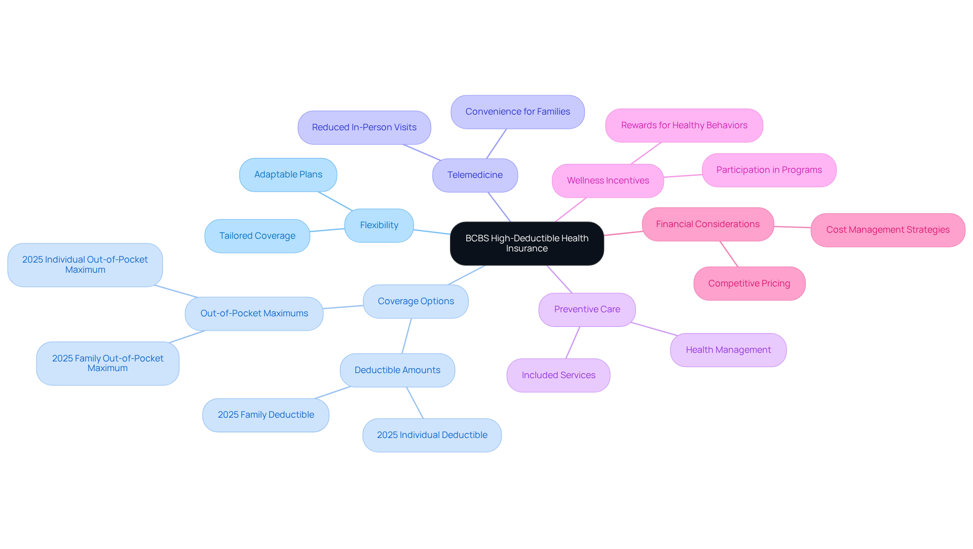 The central node represents BCBS's high-deductible health insurance plans. Each branch illustrates important features and benefits, guiding you through the various options and considerations to help your family manage healthcare costs effectively.