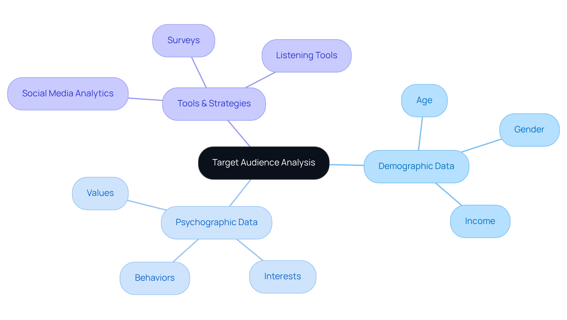 The center represents the main focus of understanding your audience, while the branches show different aspects to consider. Each color-coded section helps you see how demographics, psychographics, and tools work together to create a complete picture.