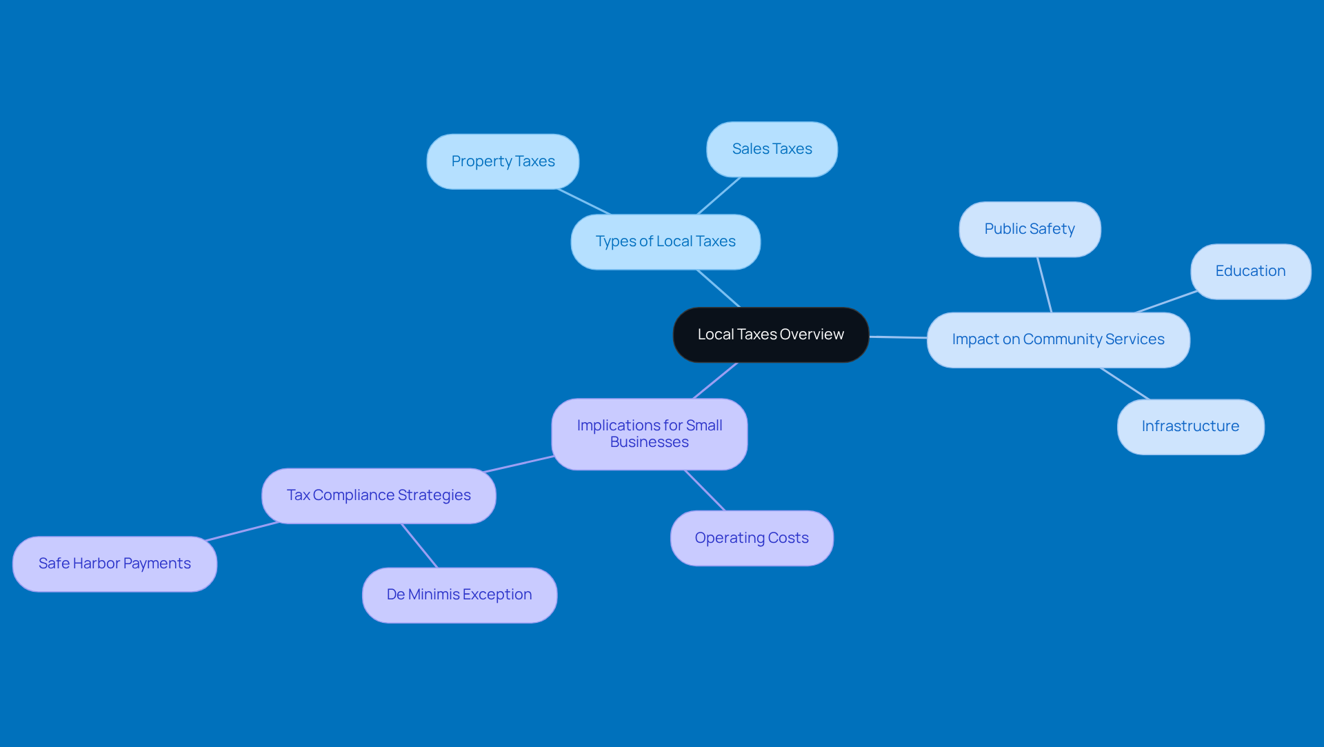 The center represents the main topic of local taxes. Follow the branches to explore different types of taxes, their effects on community services, and how they influence small businesses. Each color-coded branch helps you see how these elements connect.