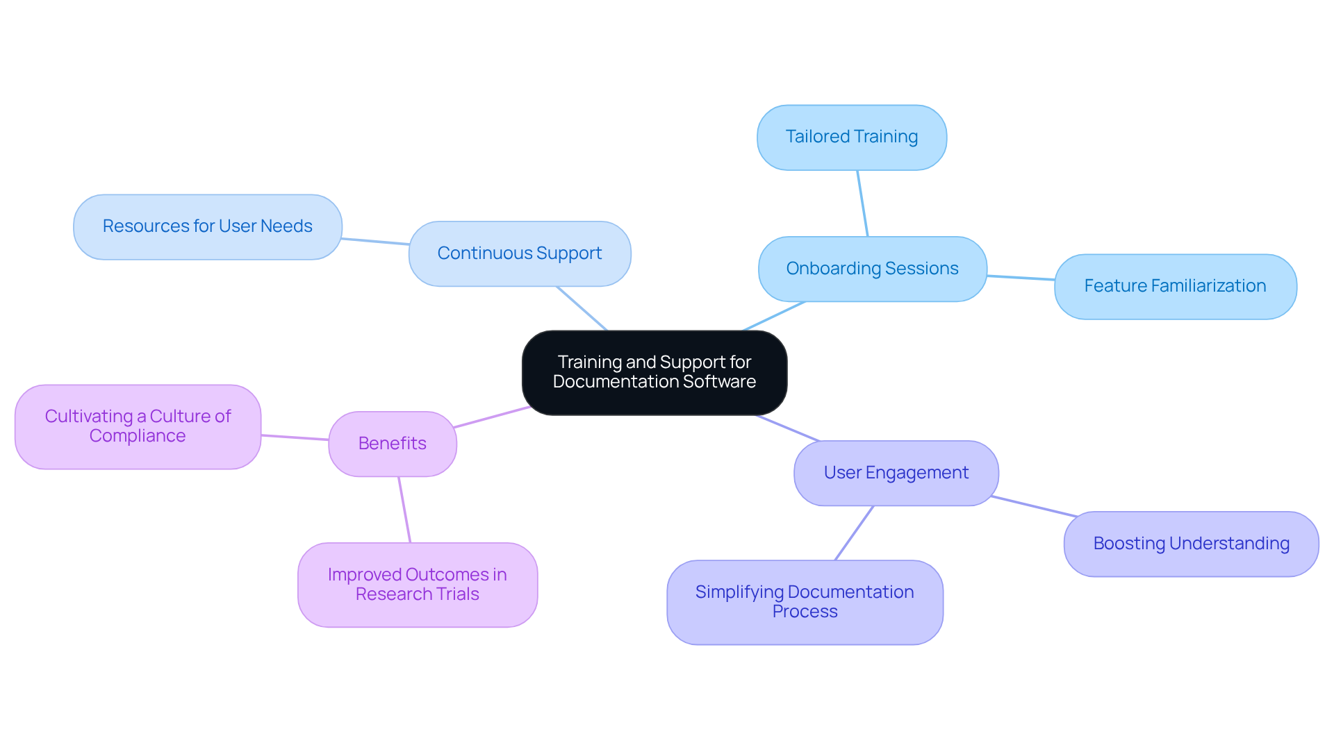 The central node represents the main focus on training and support, while the branches show different aspects that help users get the most out of the software. Each branch highlights a key area, making it easy to see how they all connect.