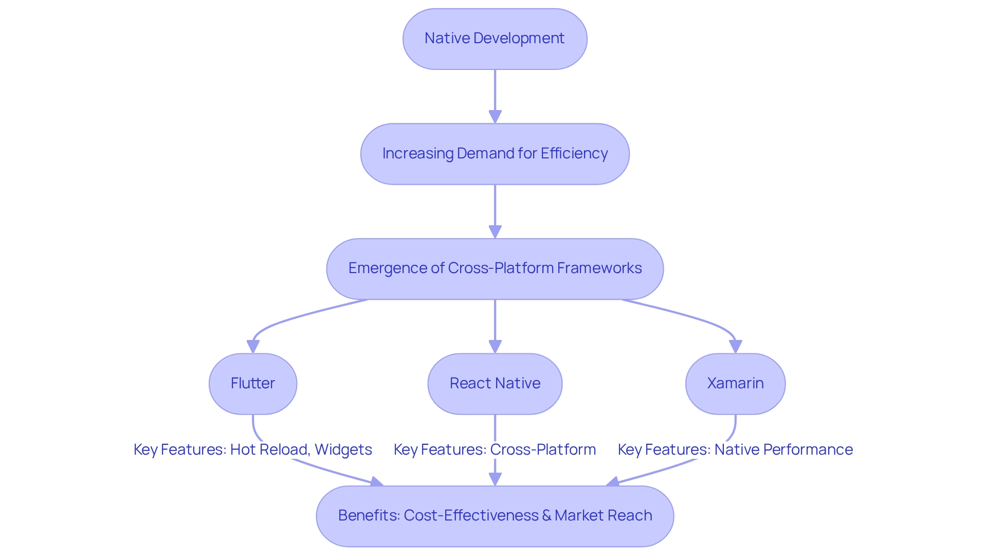 Follow the arrows to see how the transition from native development leads to modern cross-platform frameworks and their benefits for businesses.