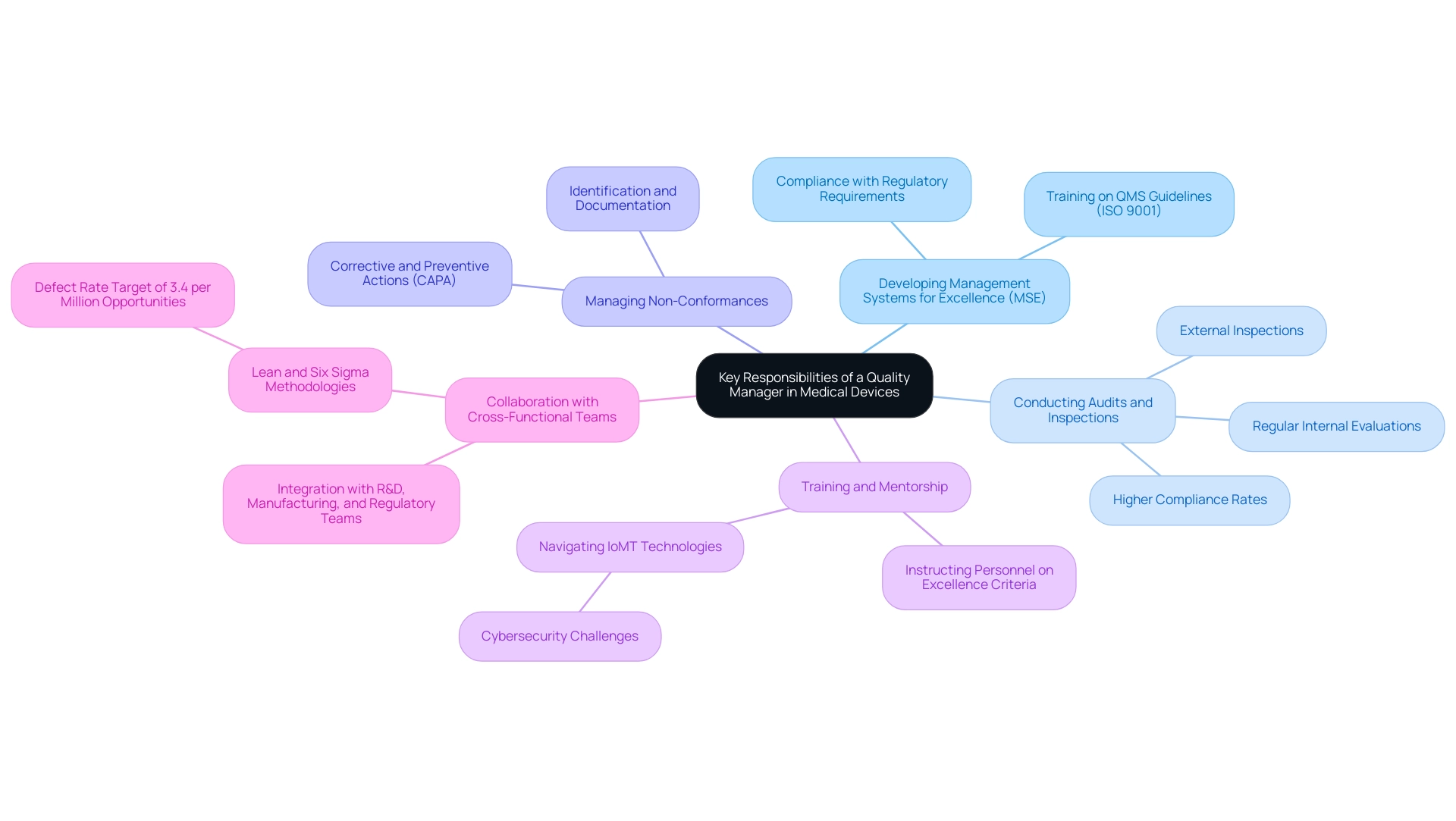 The central node represents the Quality Manager's role, with branches showing the five key responsibilities, each color-coded for clarity.