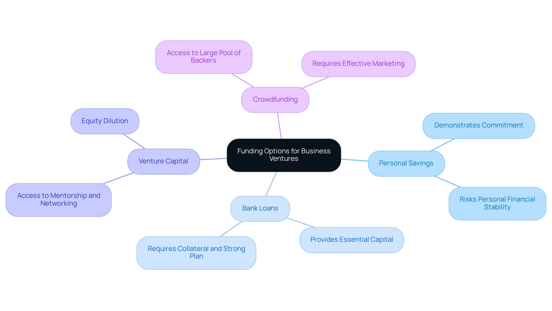 Each branch represents a funding source, with sub-branches indicating specific advantages and disadvantages associated with each option.