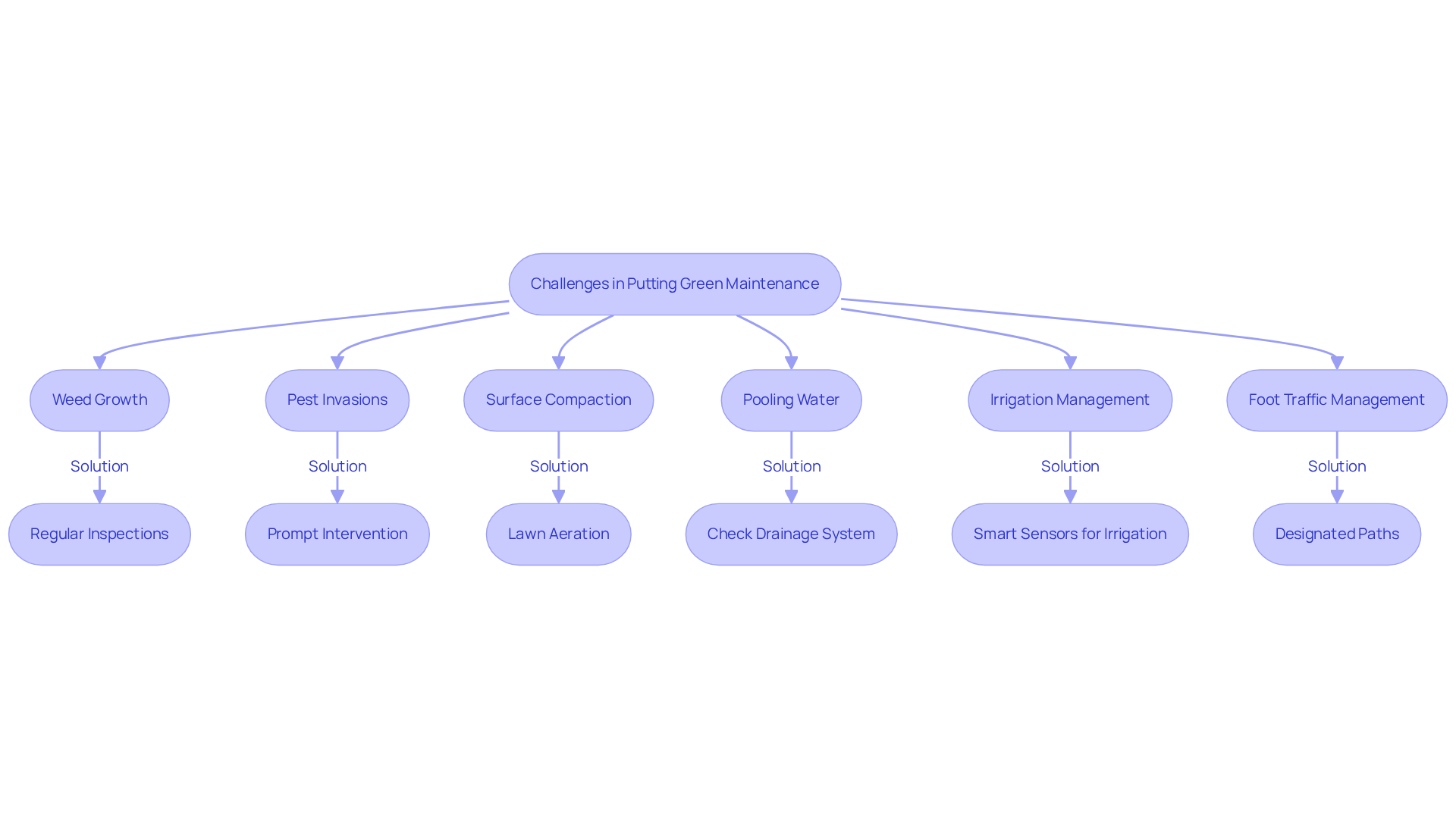 This flowchart shows the common challenges faced in maintaining golf putting greens and the solutions to address them. Follow the arrows to see how each challenge connects to its management strategy. This flowchart shows the common challenges faced in maintaining golf putting greens and the solutions to address them. Follow the arrows to see how each challenge connects to its management strategy.